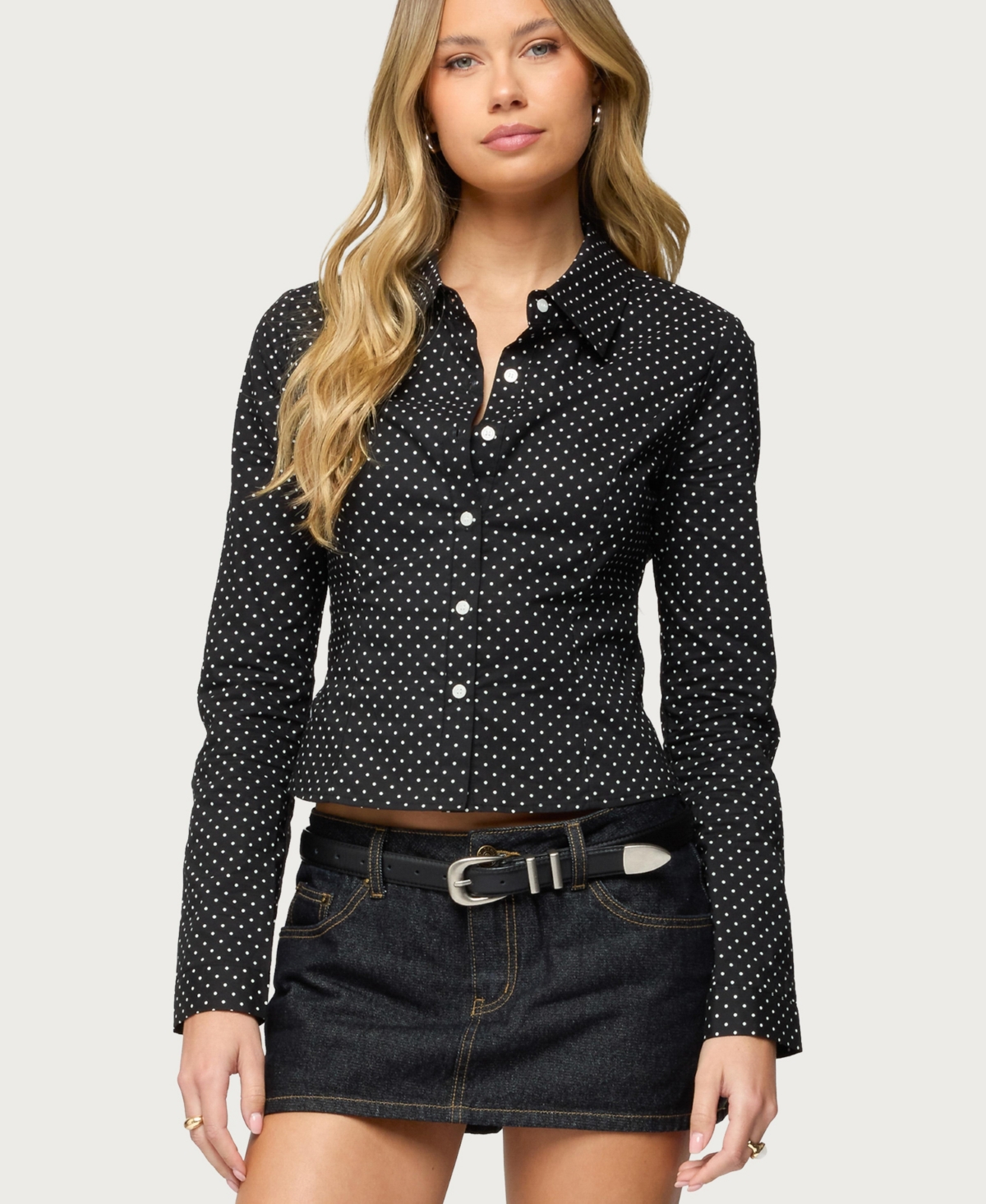 Click here for Edikted Womens Ilia Polka Dot Button Up Shirt - Bl... prices