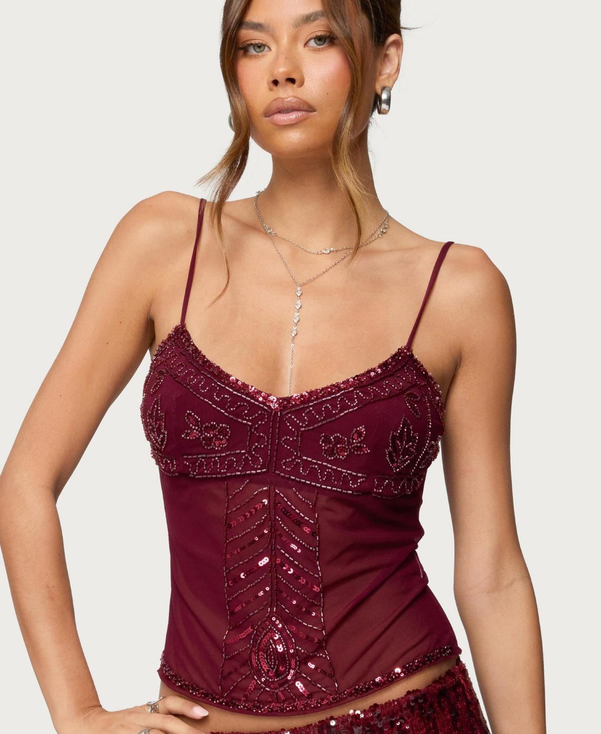 Click here for Edikted Womens Azelia Beaded Sheer Chiffon Top - B... prices