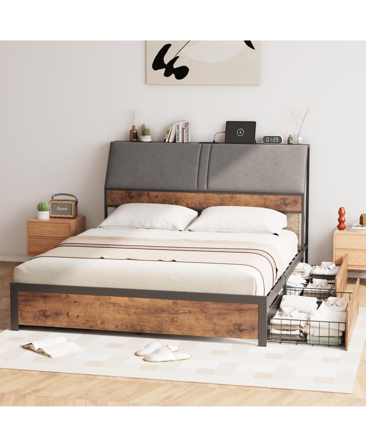 Click here for gaomon Easy Assembly Queen Size Bed Frame Space Sa... prices