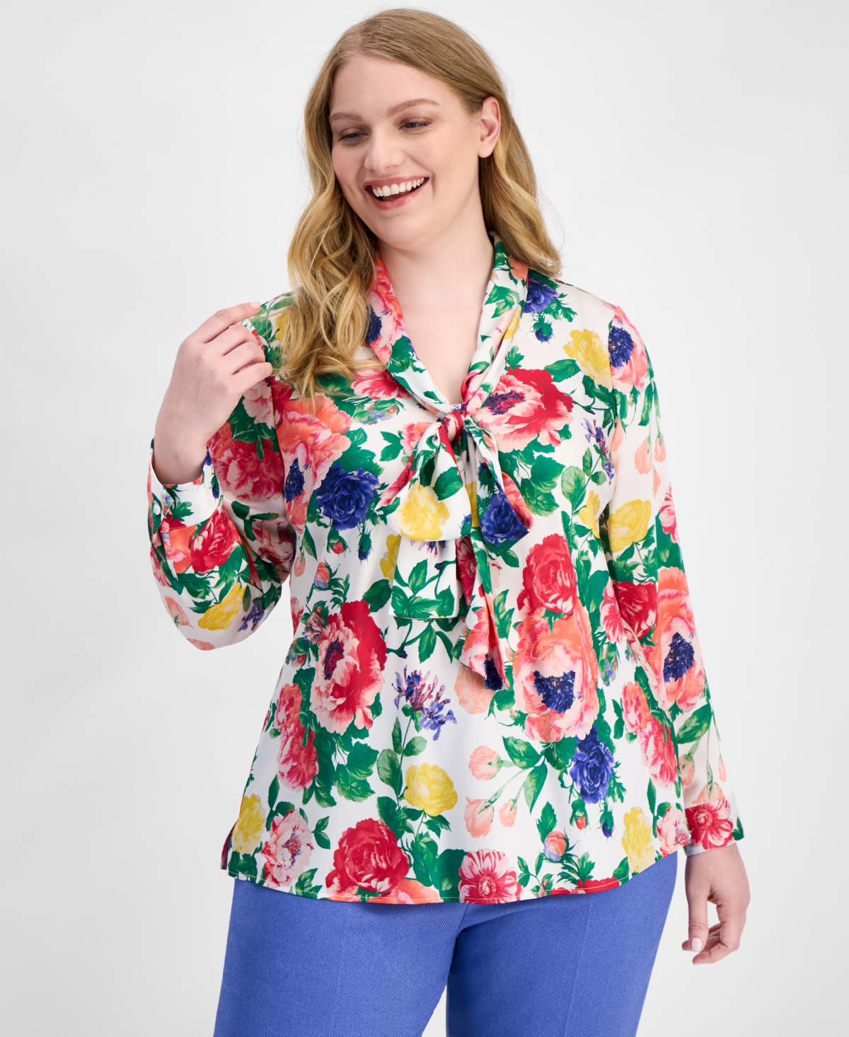 Click here for Tahari Asl Plus Size Floral Print Tie-Neck Blouse... prices