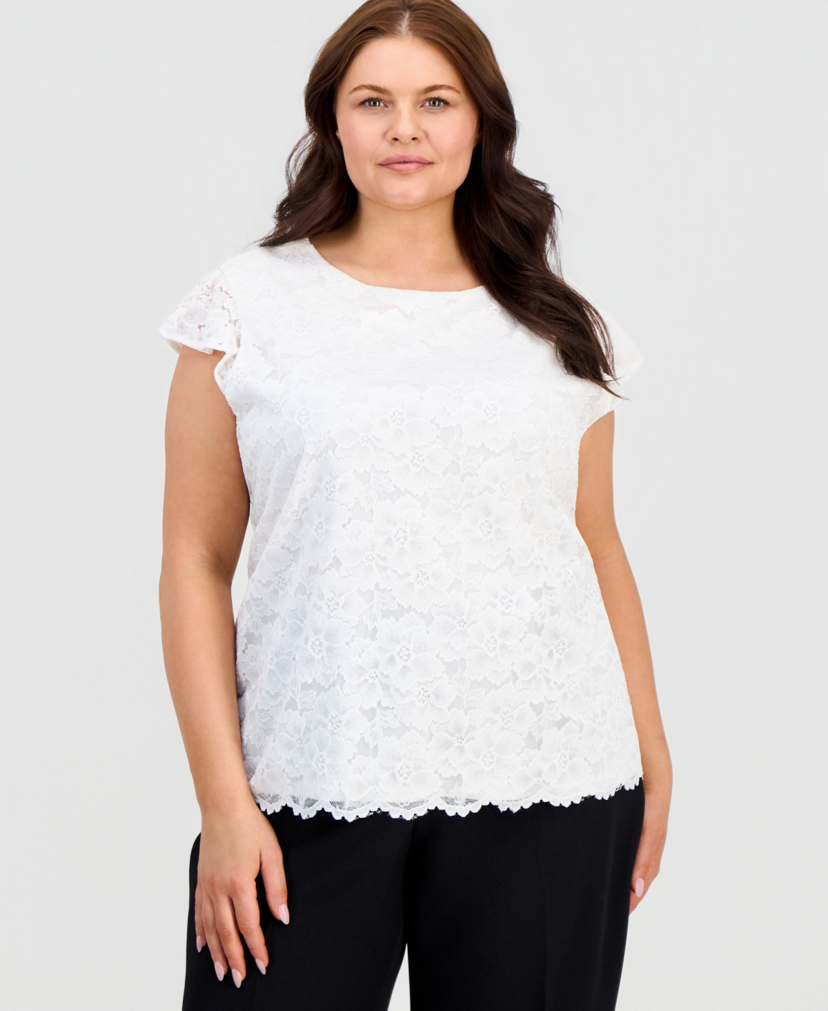 Click here for Kasper Plus Size Stretch Lace Flutter-Sleeve Top -... prices