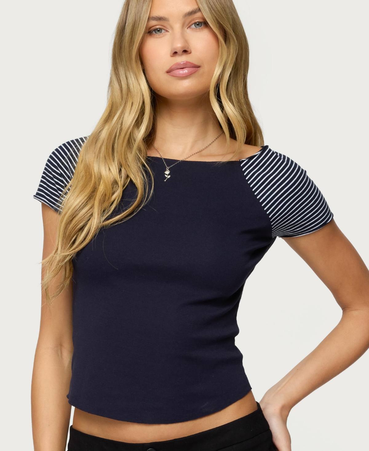 Click here for Edikted Womens Marina Raglan Stripey T Shirt - Nav... prices