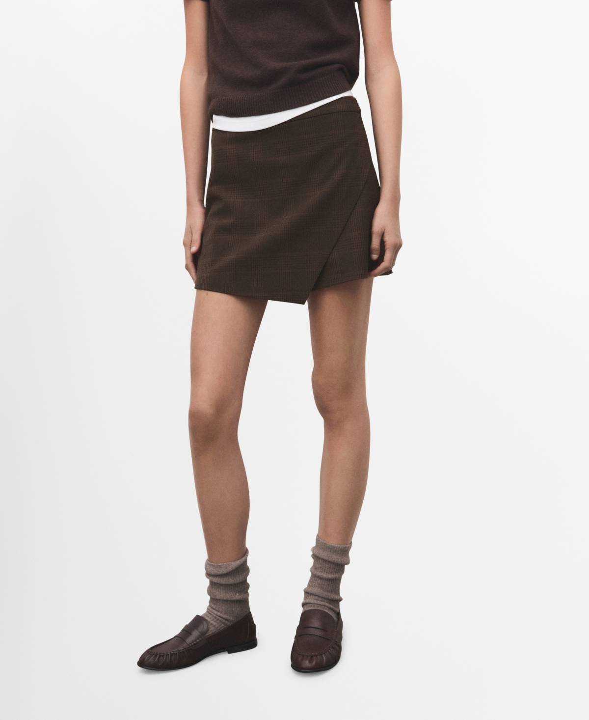 Click here for Mango Womens Checked Asymmetric Skirt - Brown prices