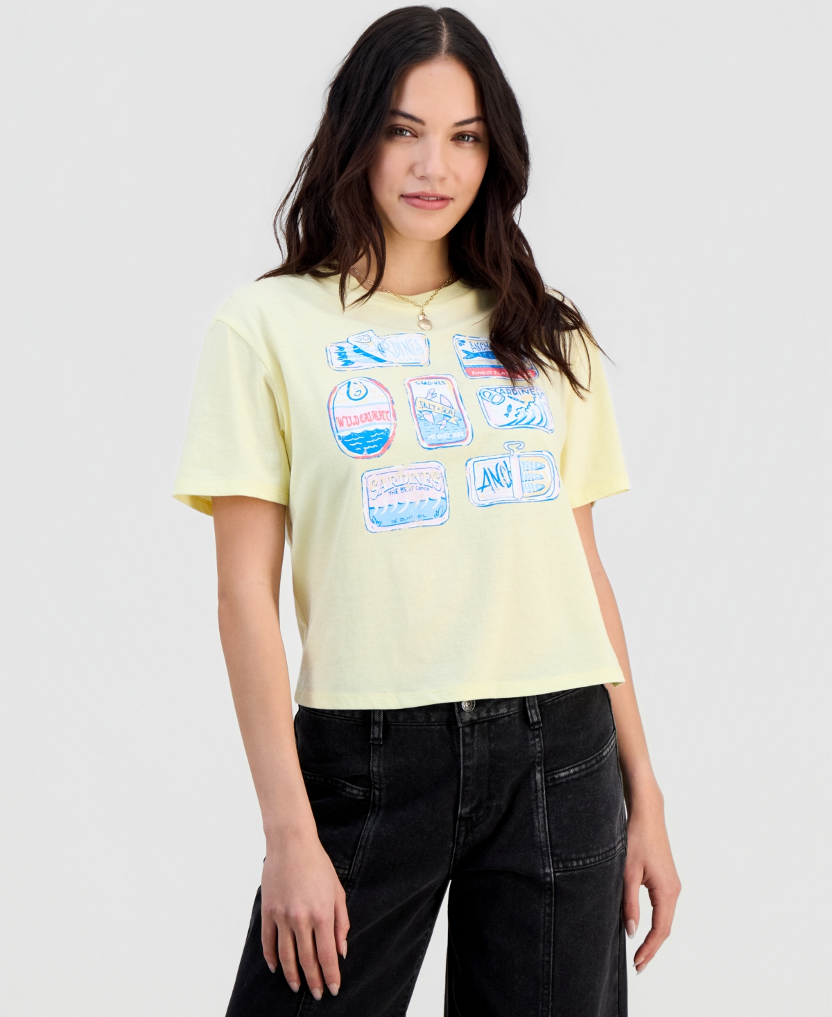 Click here for Rebellious One Juniors Sardines Graphic Crewneck T... prices