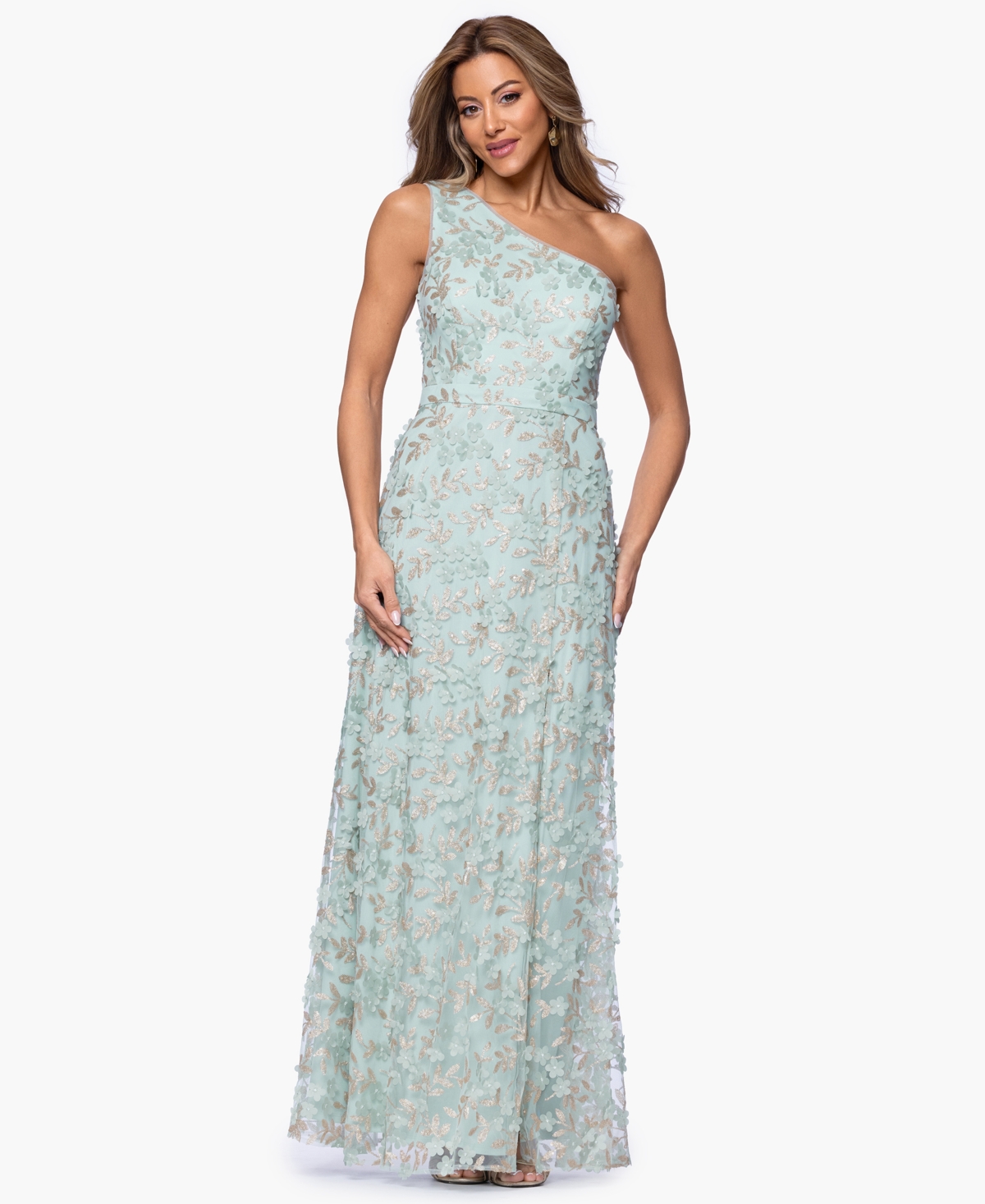 Click here for Xscape Petite 3D Flower One Shoulder Ball Gown - S... prices