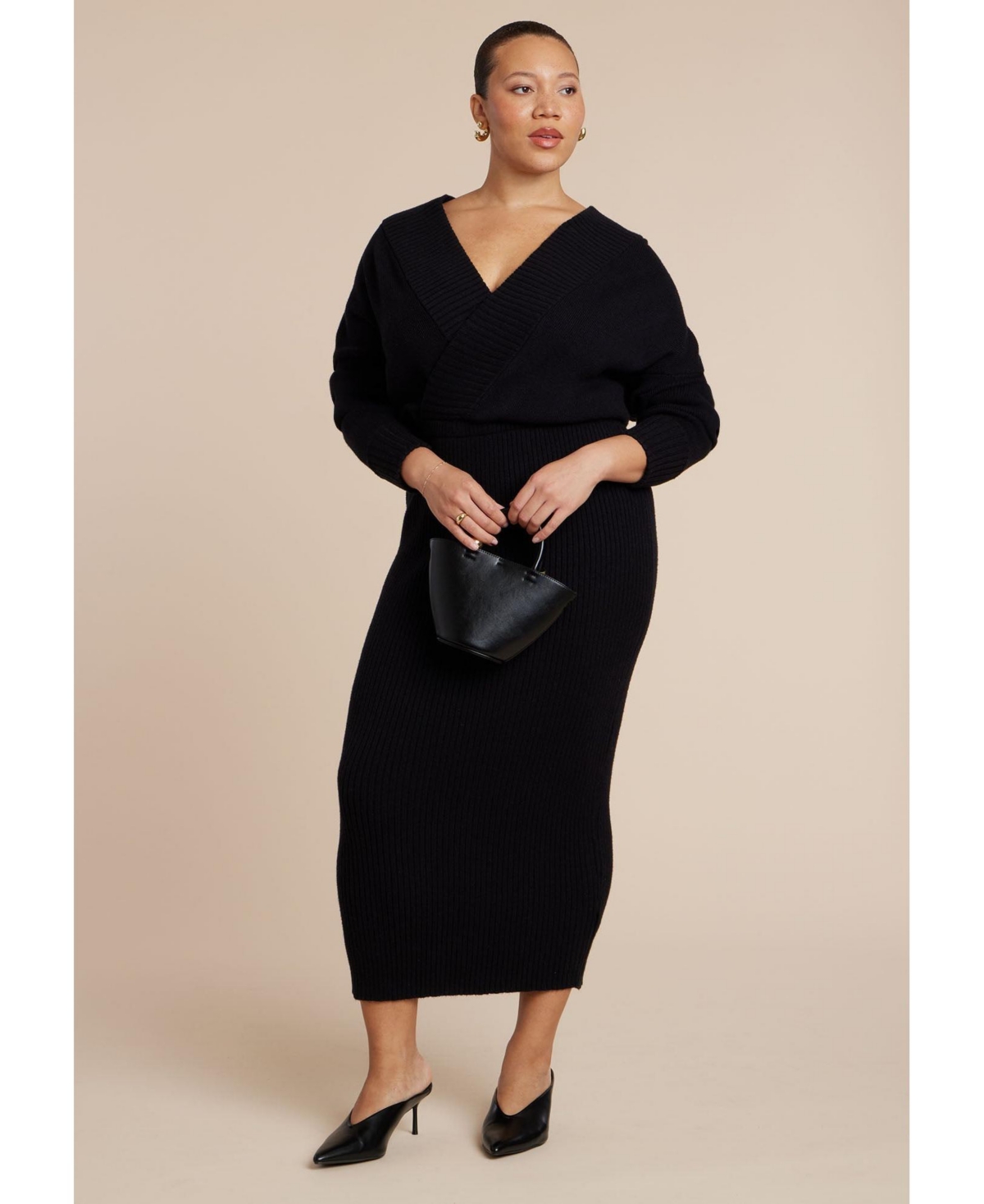 Click here for Eloquii Womens Wrap Sweater Maxi Dress - Black ony... prices