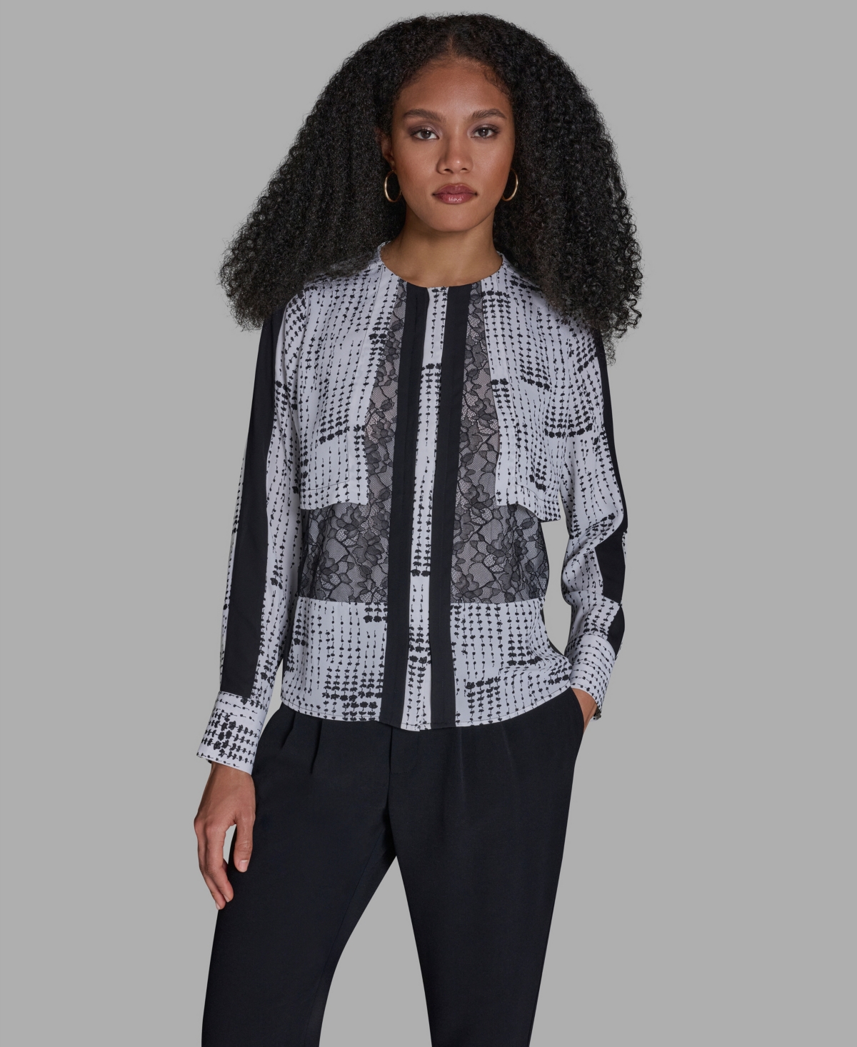 Click here for Bcbg Womens Printed Lace Crewneck Long-Sleeve Top... prices