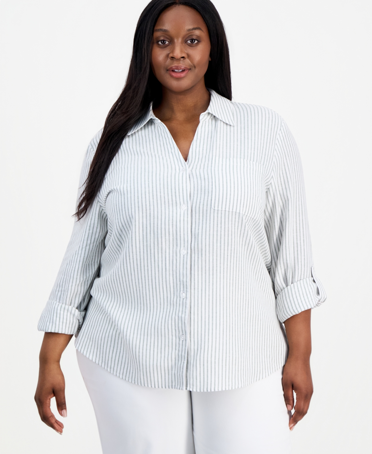 Click here for Jones New York Plus Size Striped Roll-Tab-Sleeve B... prices