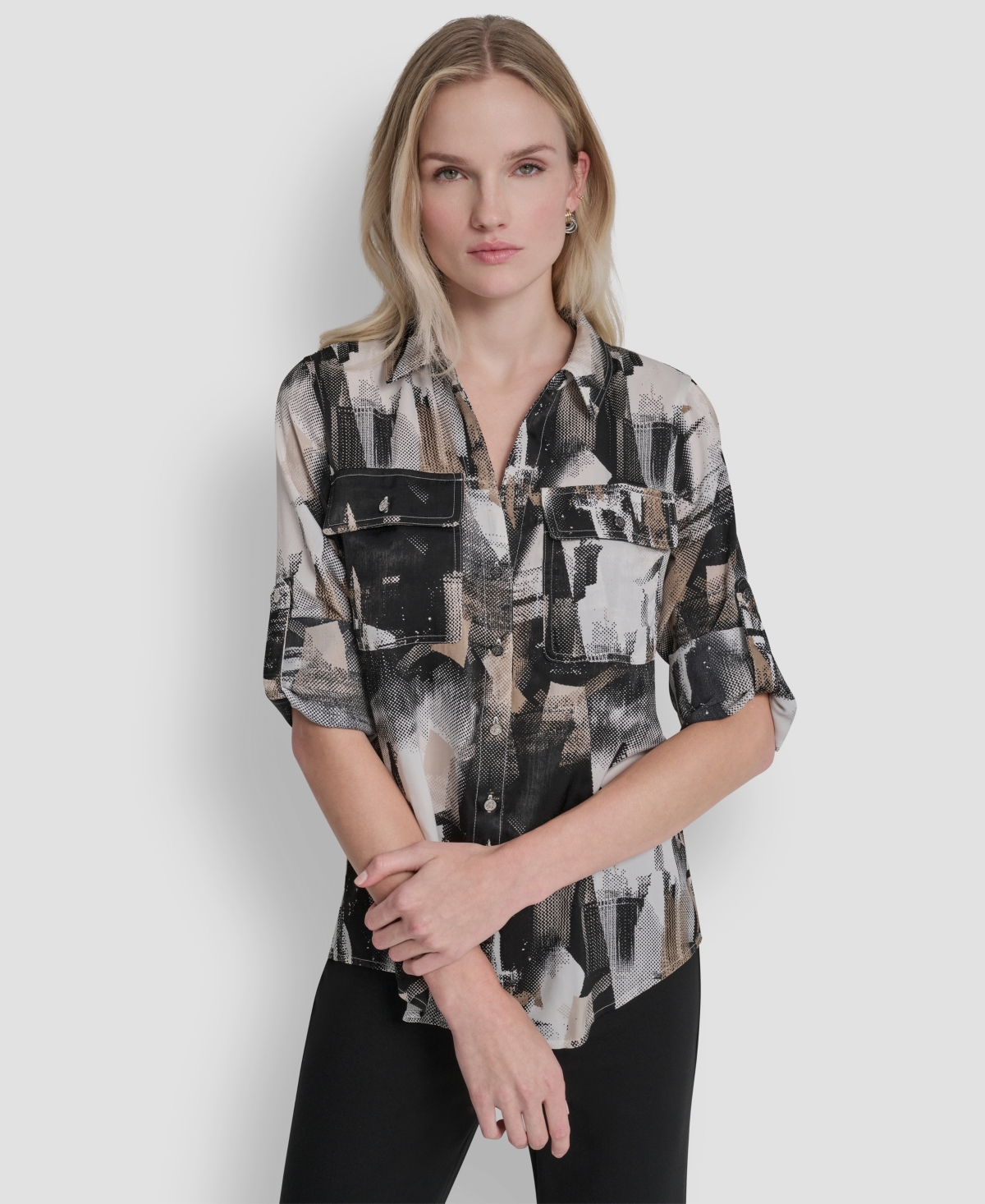 Click here for Dkny Womens Printed Roll-Tab Shirt - Ivory Skyline... prices