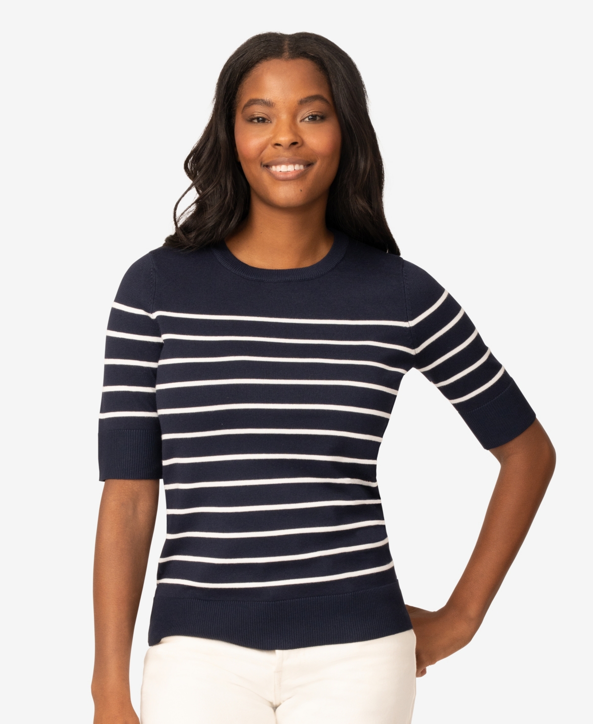 Click here for Melissa Paige Womens Striped Crew-Neck Elbow-Sleev... prices
