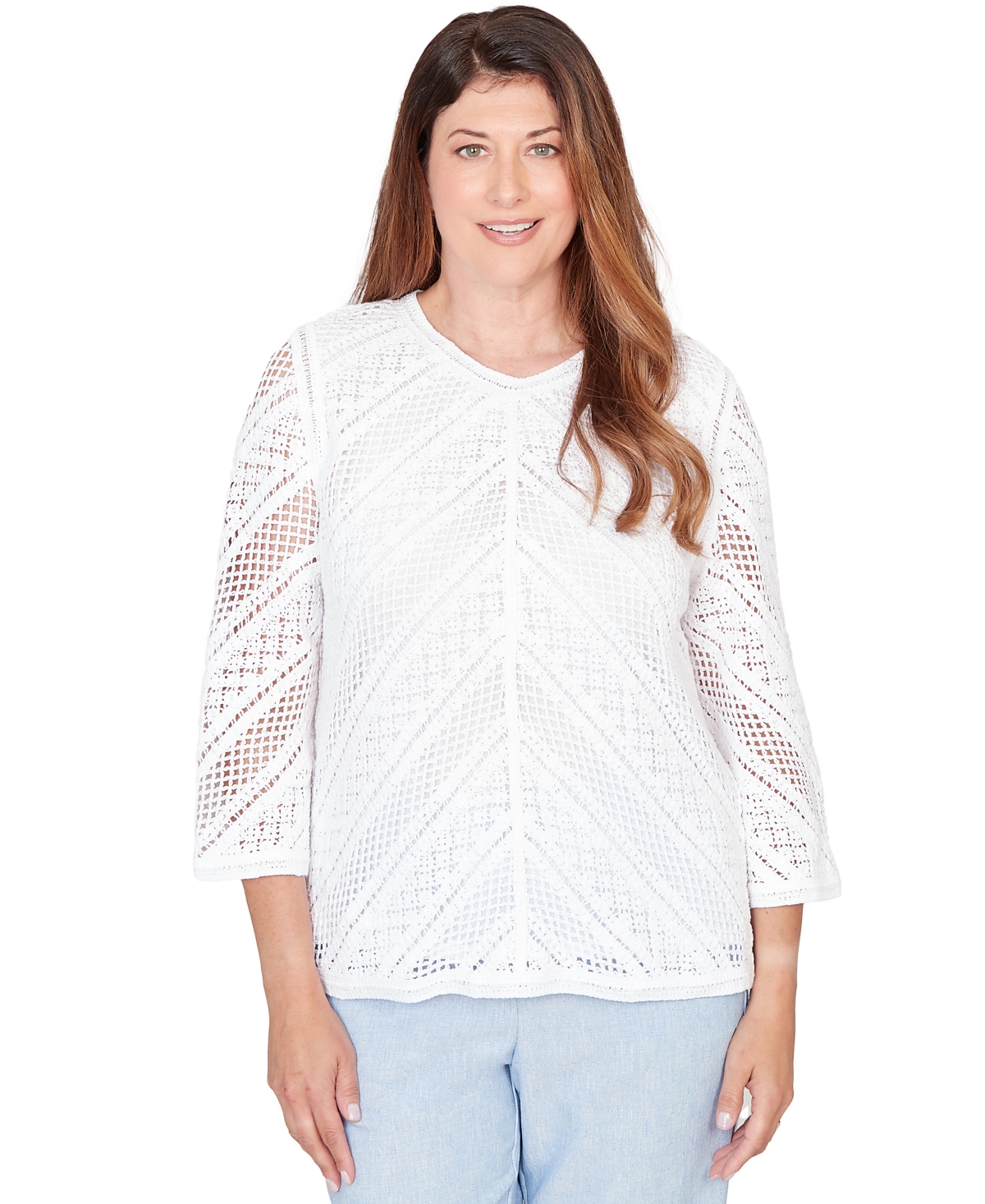 Click here for Alfred Dunner Petite Crochet Crewneck Top - White prices