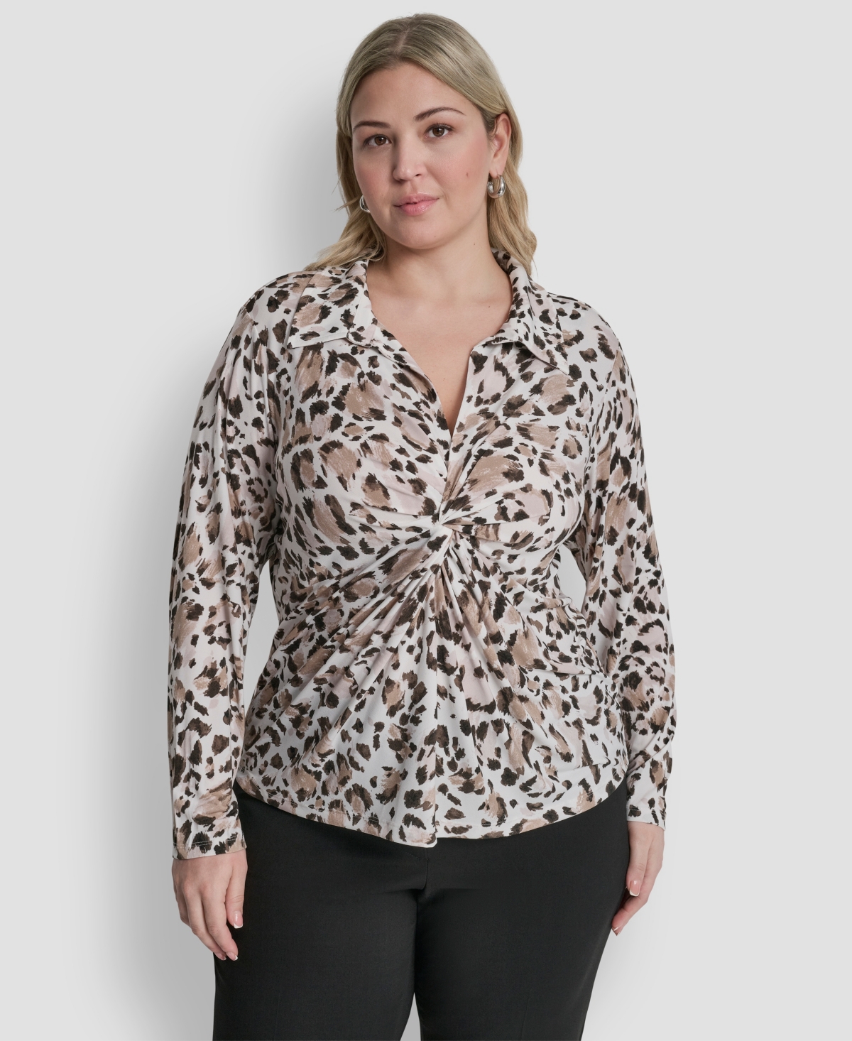 Click here for Dkny Plus Size Long-Sleeve Knot Front Top - Ivory/... prices