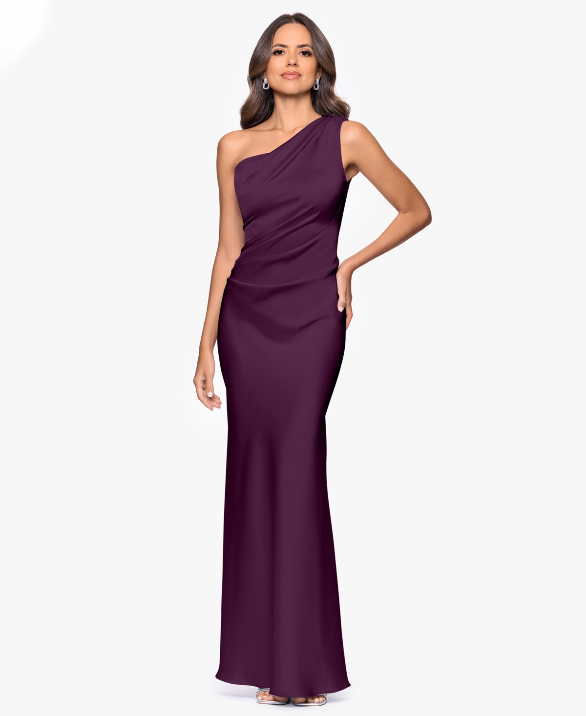 Click here for Betsy & Adam Petite One-Shoulder Sheath Gown - Plu... prices