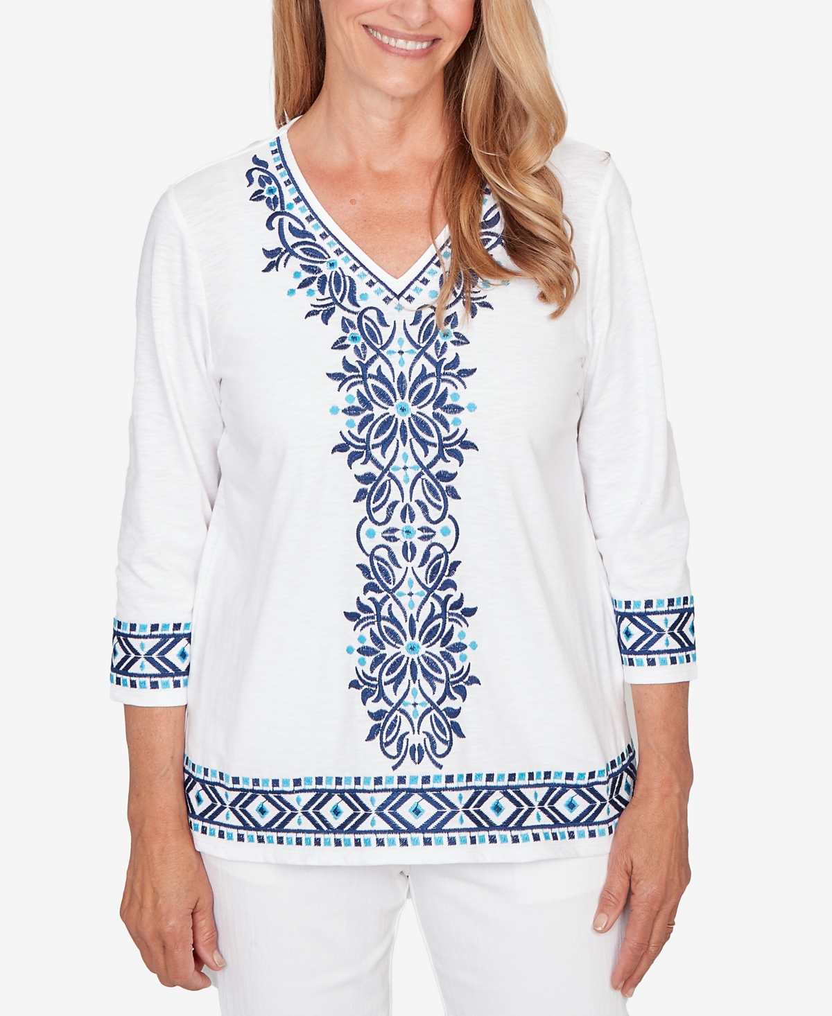 Click here for Alfred Dunner Petite Mykonos Scroll Embroidered V-... prices