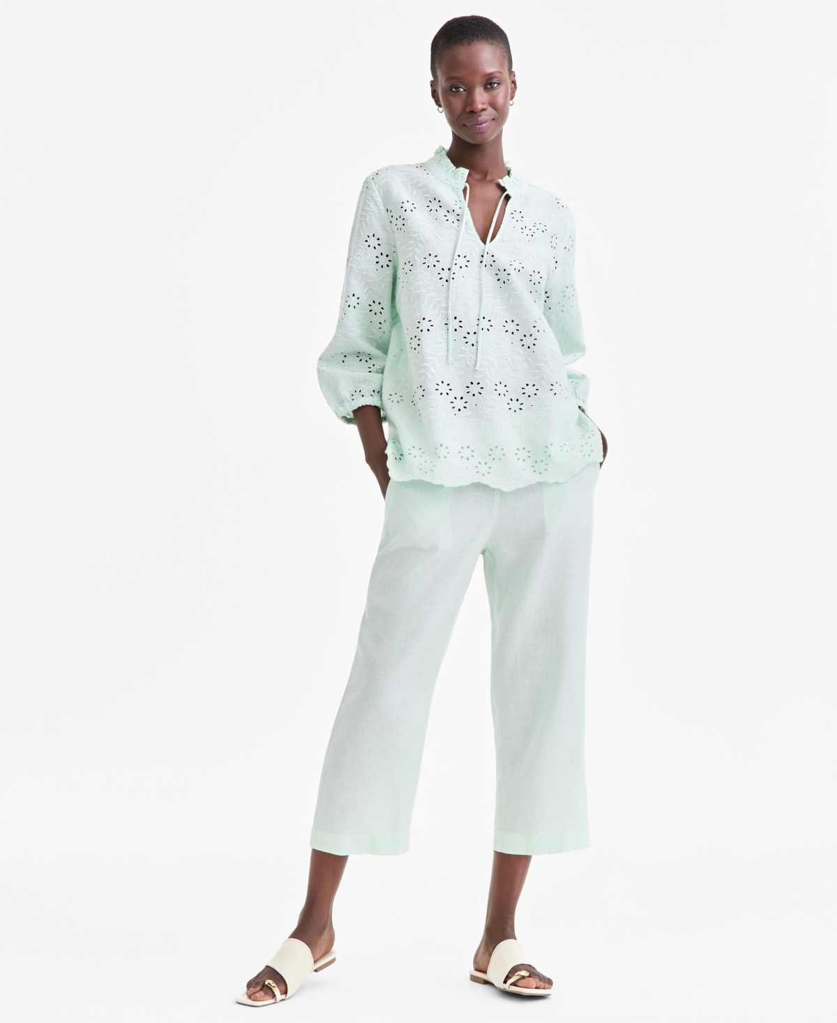 Click here for Charter Club Womens 100 Linen Solid Cropped Pull-O... prices