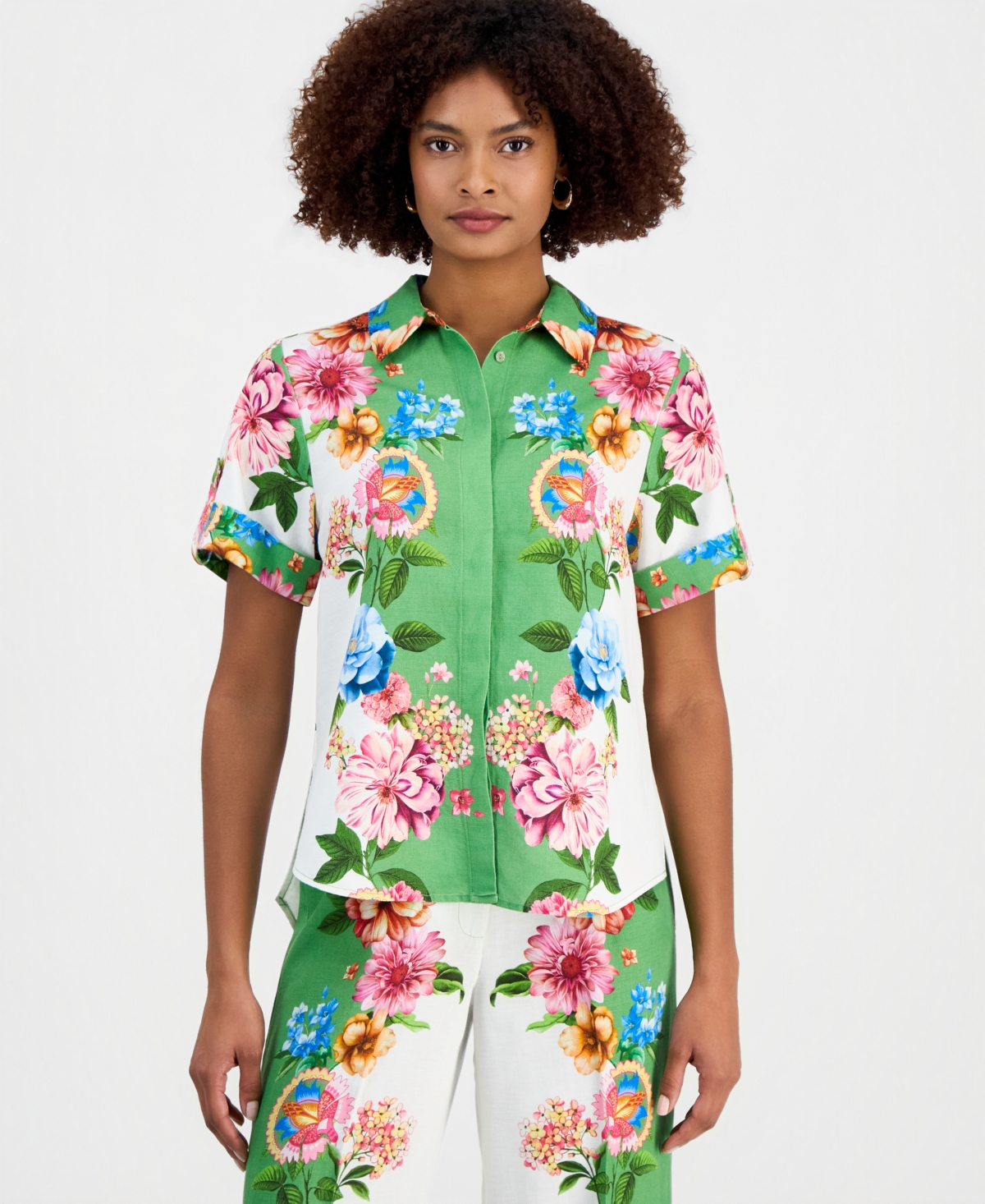 Click here for T Tahari Womens Collared Short-Sleeve Floral Blous... prices