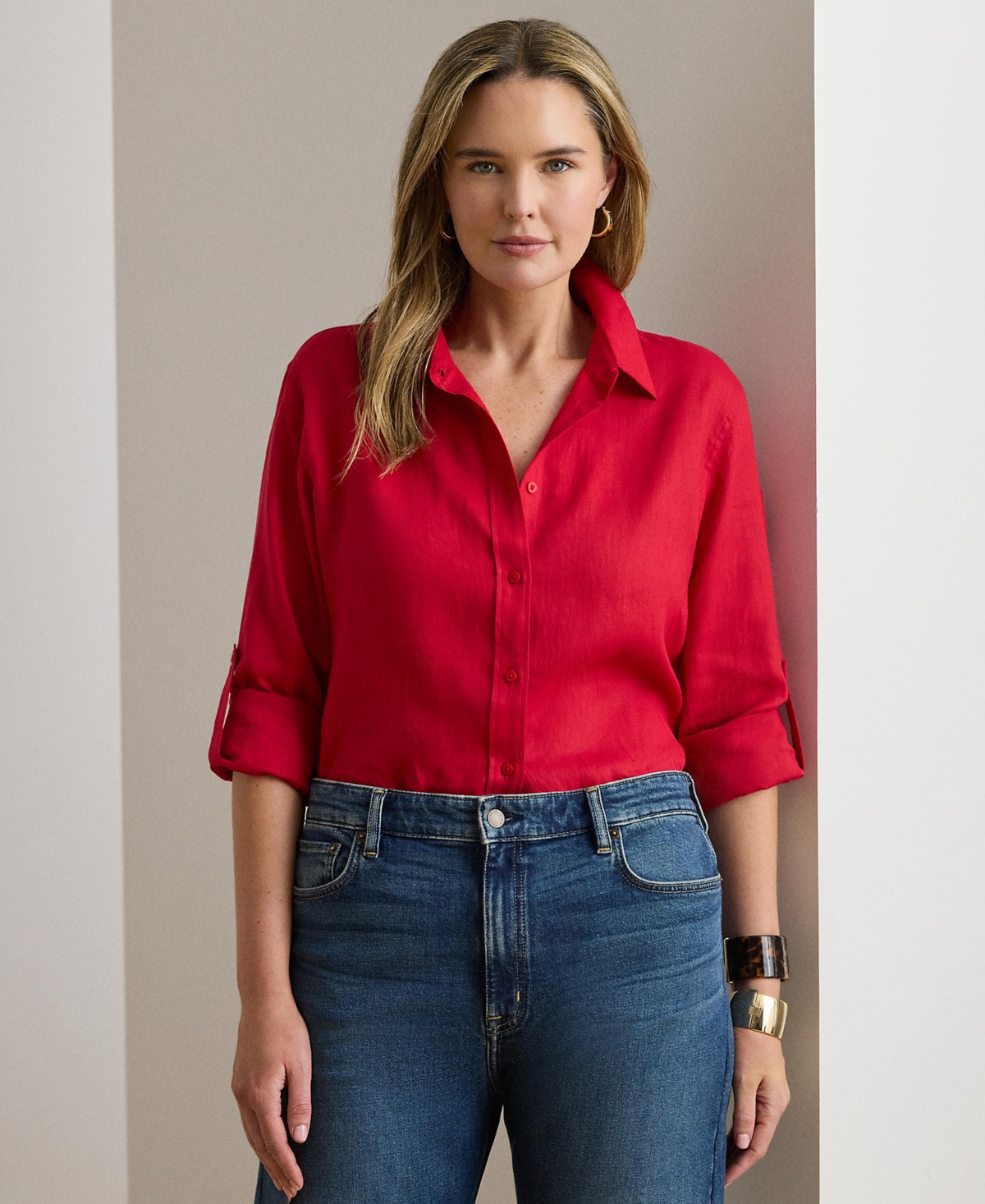 Click here for Lauren Ralph Lauren Plus Size 100 Linen Roll-Tab S... prices