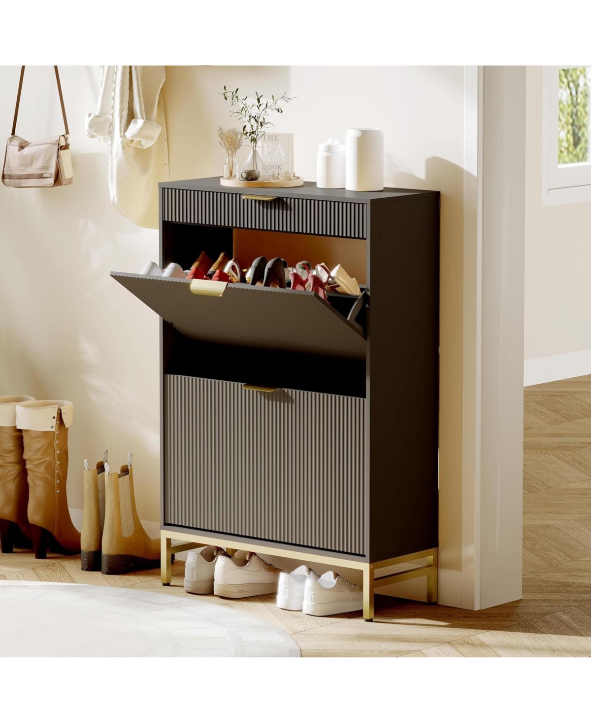 Click here for gaomon Fluted Shoe Cabinet with 2 Flip Drawers  Sl... prices