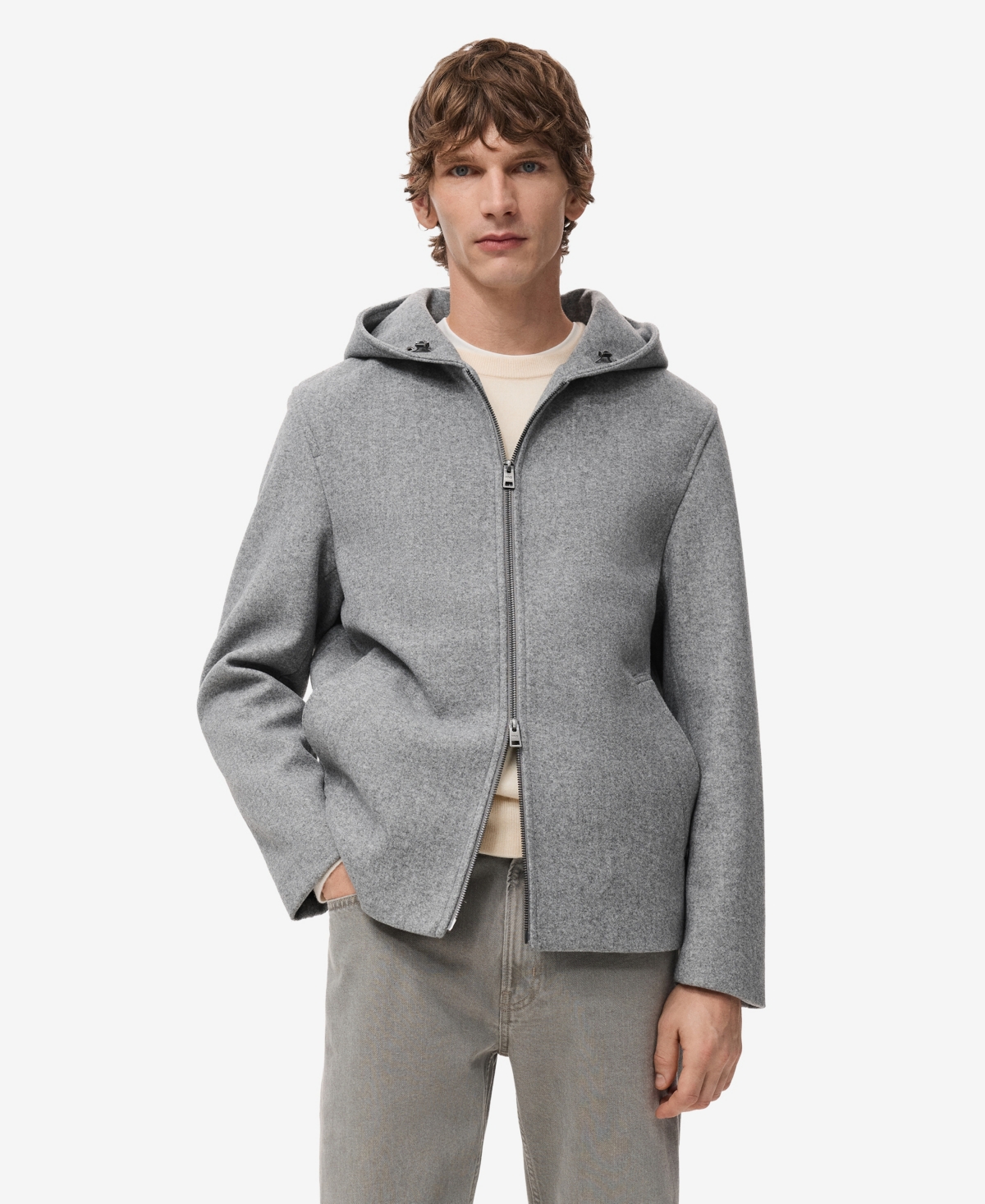Click here for Mango Mens Hood Wool Jacket - Light Heather Grey prices