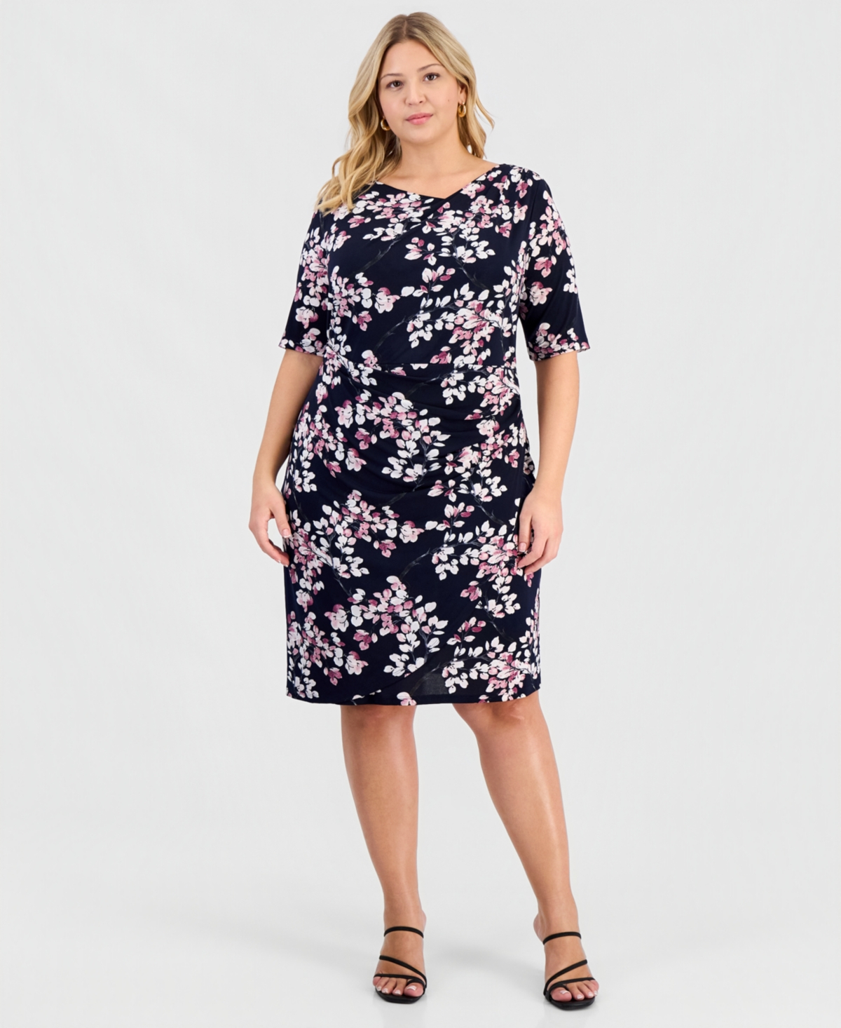 Click here for Connected Plus Size Printed Elbow-Sleeve Faux-Wrap... prices
