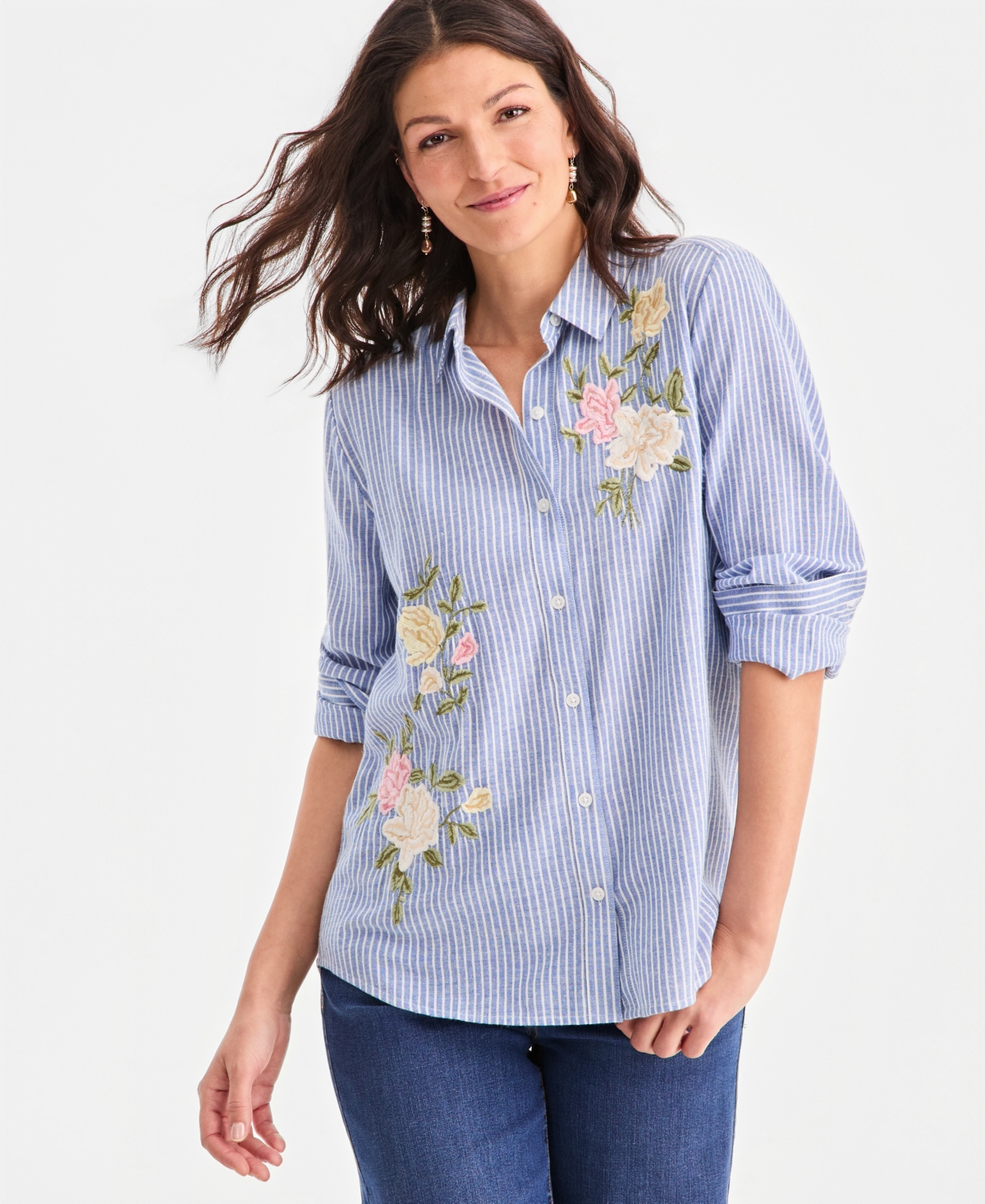 Click here for Style & Co Womens Embroidered Stripe Perfect Shirt... prices