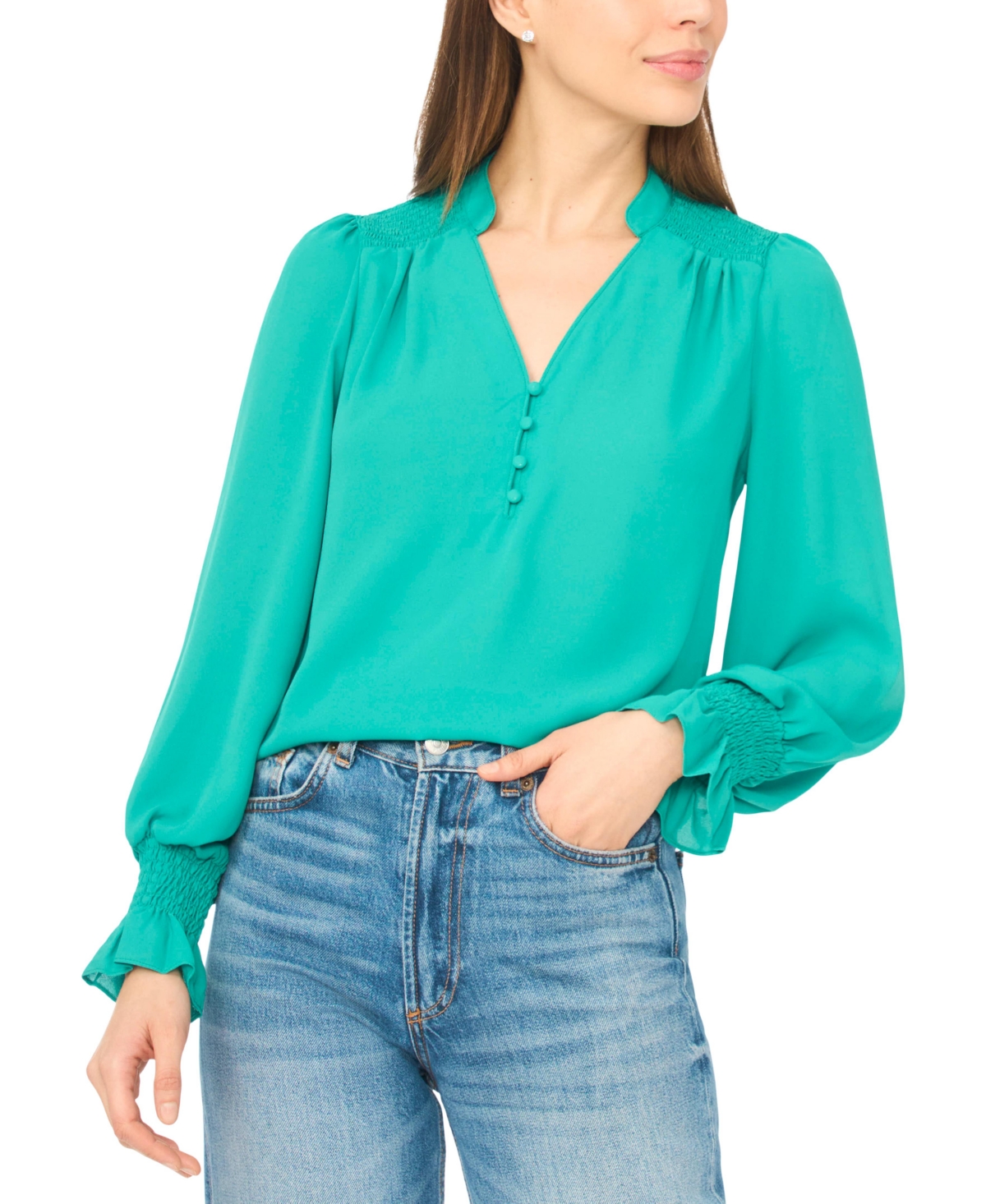 Click here for CeCe Womens Long-Sleeve V-Neck Smocked Top - Everg... prices