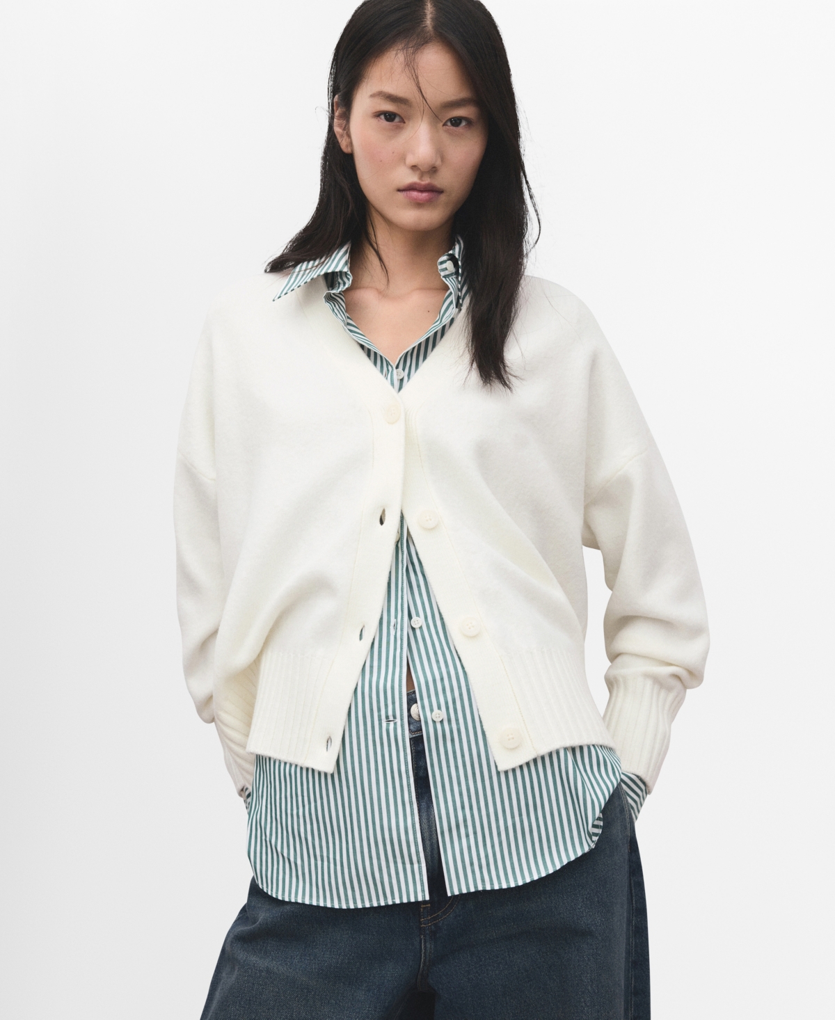 Click here for Mango Womens V-Neck Knitted Cardigan Sweater - Whi... prices