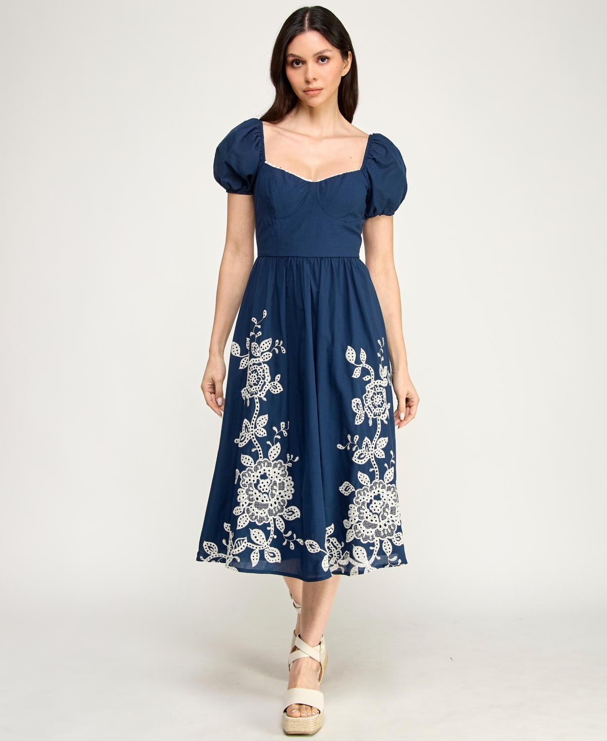 Click here for Row A Womens Embroidered Sweetheart Neck Midi Dres... prices