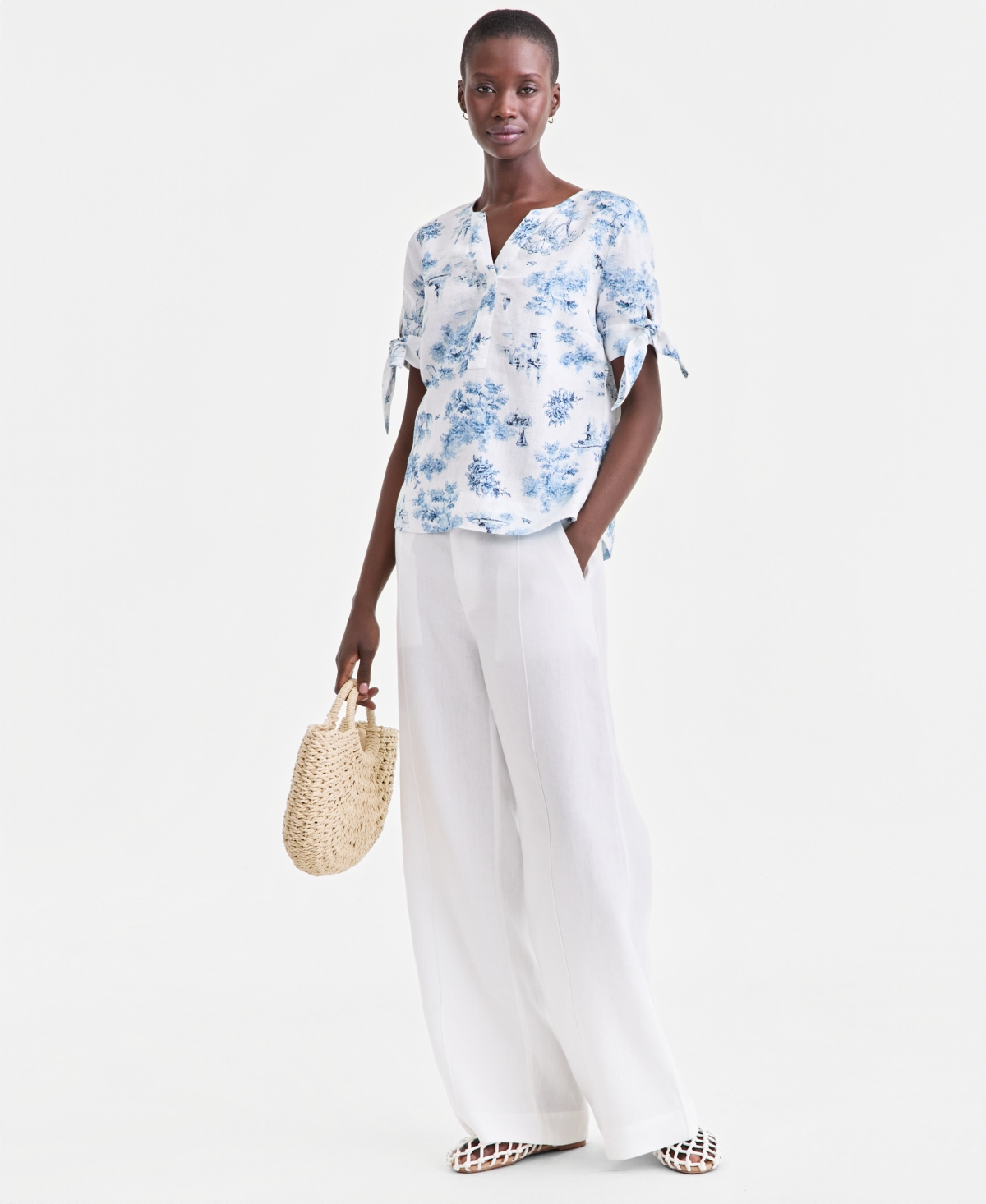 Click here for Charter Club Plus Size Linen Solid Split-Neck Tie-... prices
