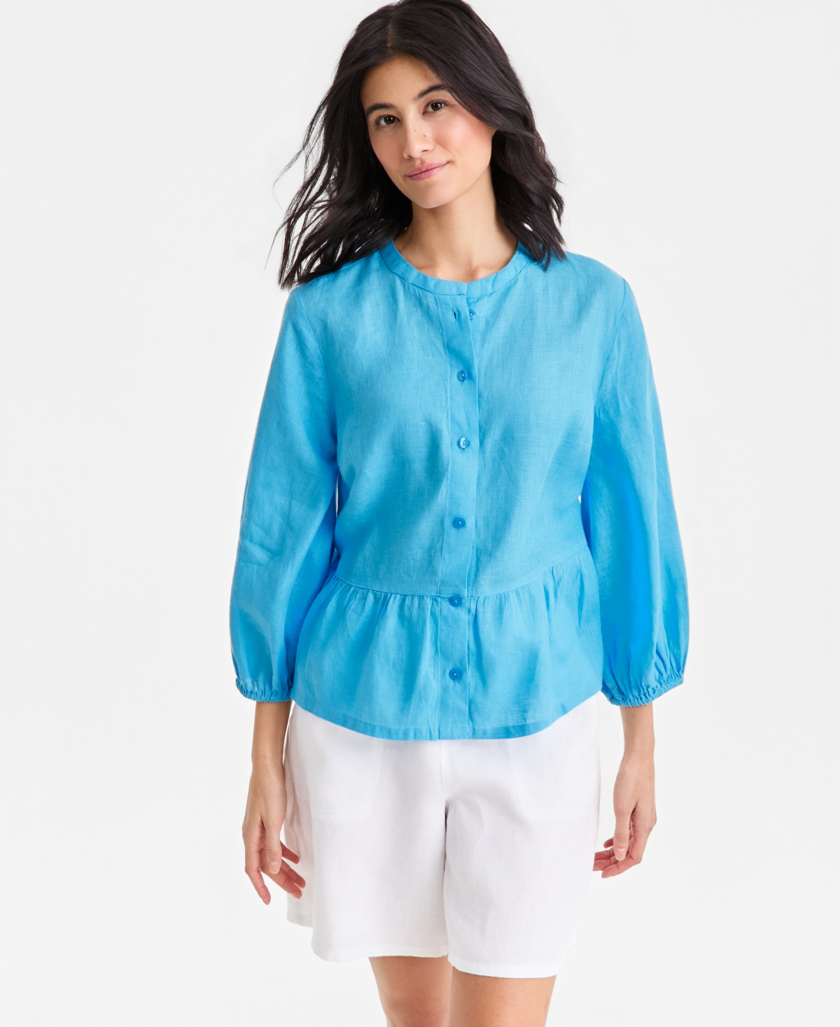 Click here for Charter Club Womens 100 Linen Blouson-Sleeve Peplu... prices