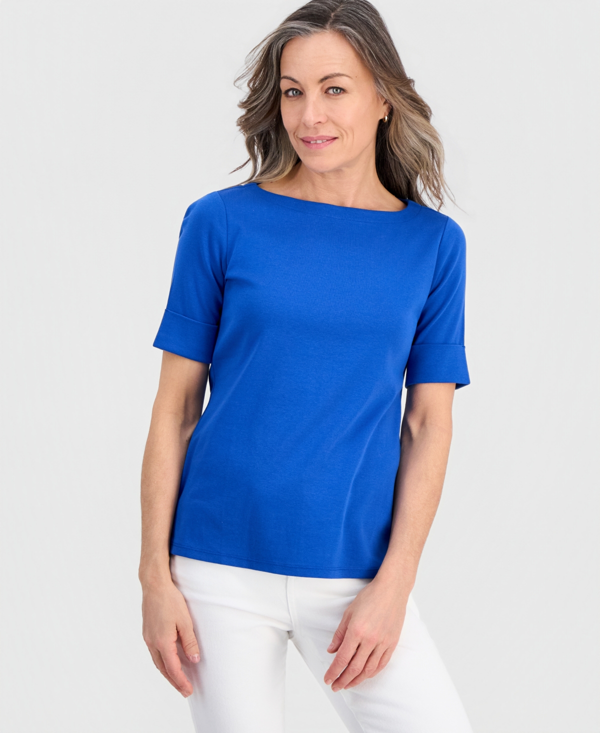 Click here for Style & Co Petite Cotton Elbow-Sleeve Boat-Neck To... prices