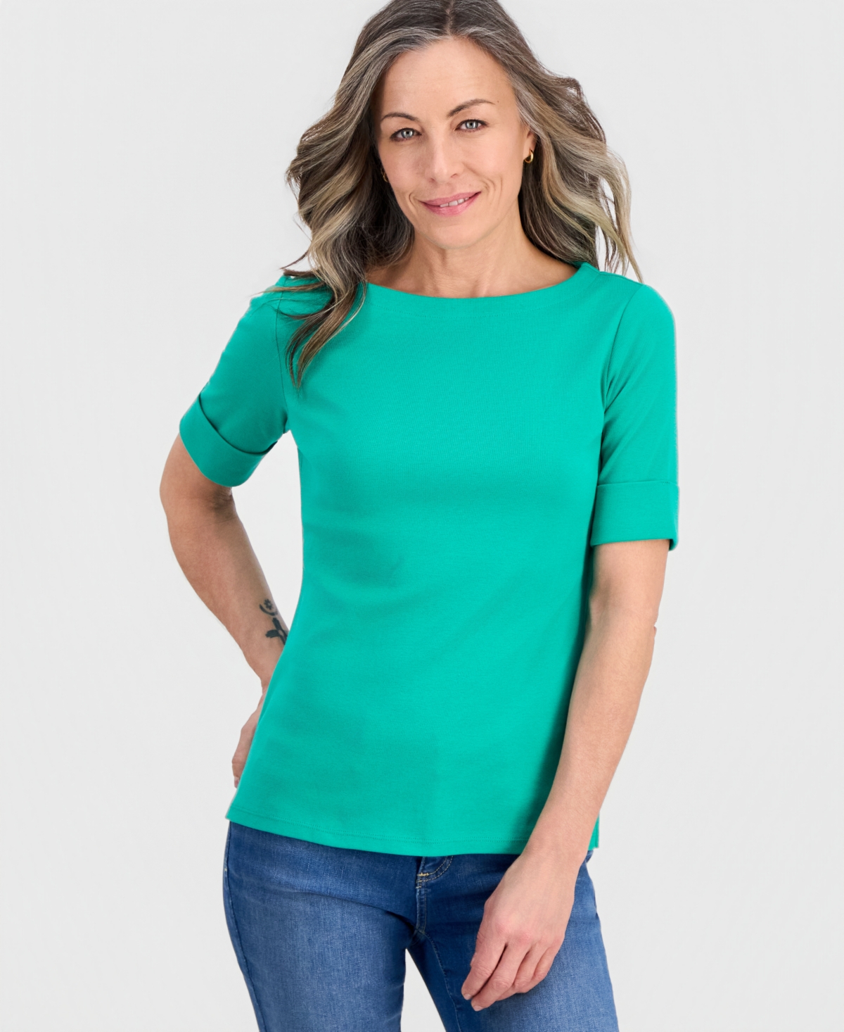 Click here for Style & Co Petite Cotton Elbow-Sleeve Boat-Neck To... prices