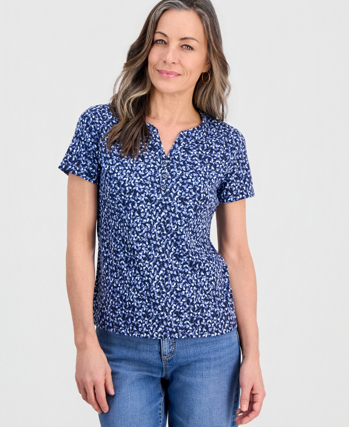 Click here for Style & Co Petite Scattered Buds Henley Short-Slee... prices