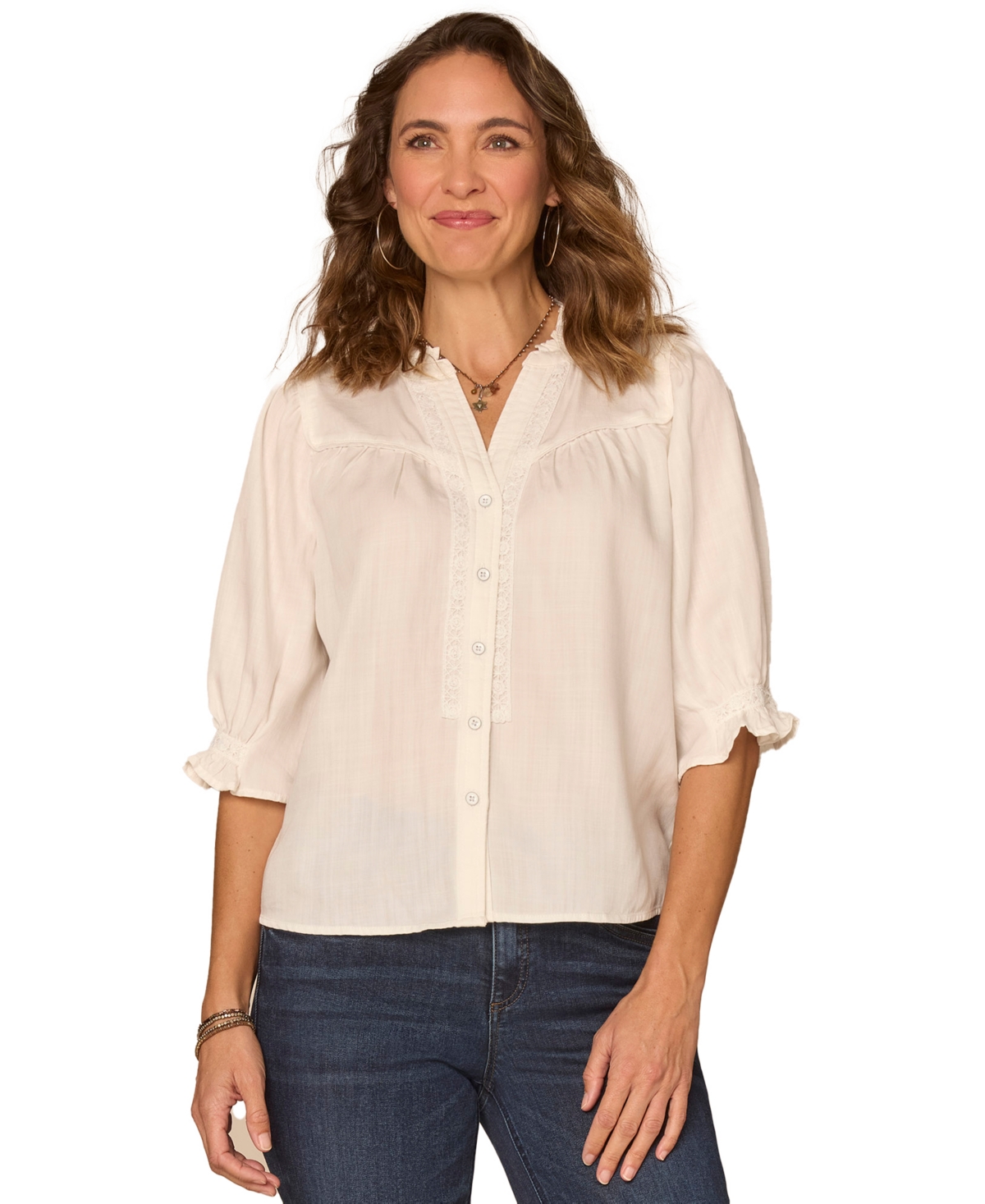 Click here for Democracy Petite Below Elbow Button-Down Top - Whi... prices