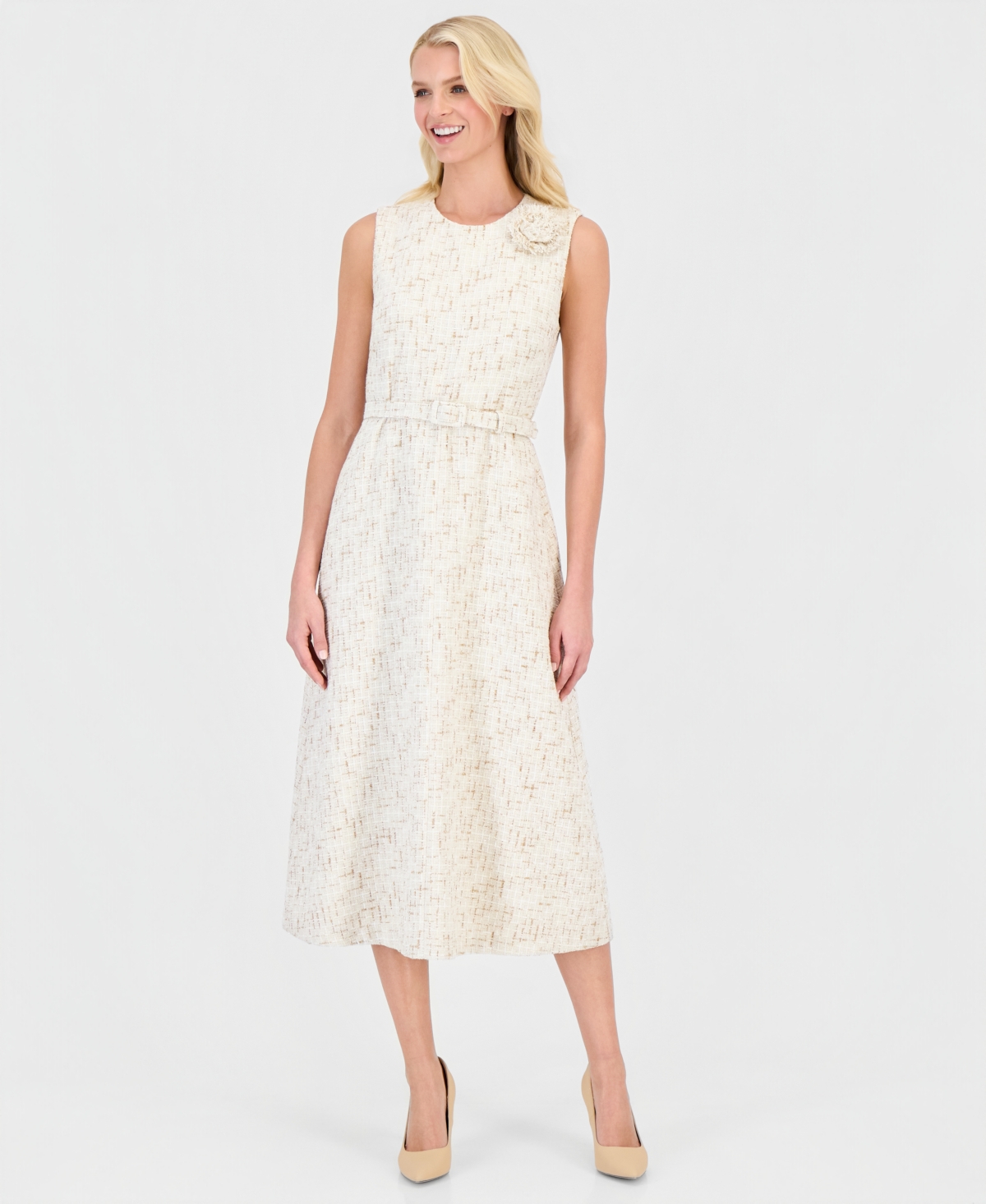 Click here for Anne Klein Womens Tweed Rosette Belted Midi Dress... prices