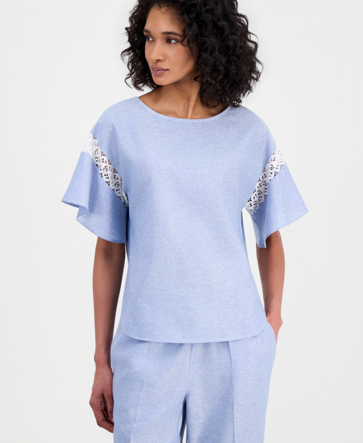 Click here for Anne Klein Womens Linen-Blend Flutter-Sleeve Lace-... prices