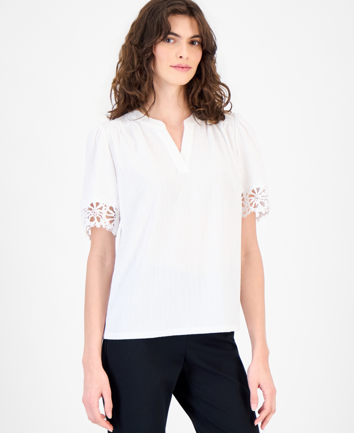 Click here for Anne Klein Womens Split-Neck Lace-Trim Top - Crisp... prices