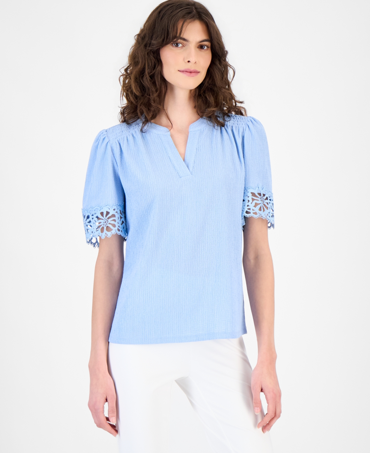 Click here for Anne Klein Womens Split-Neck Lace-Trim Top - Lakes... prices