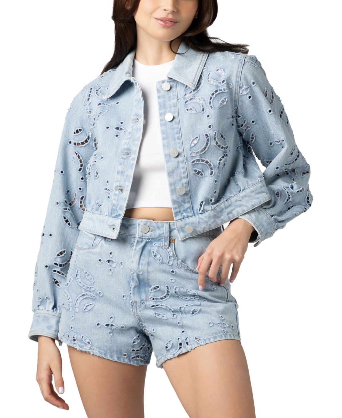 Click here for Blank Nyc Womens Eyelet Embroidered Denim Trucker... prices