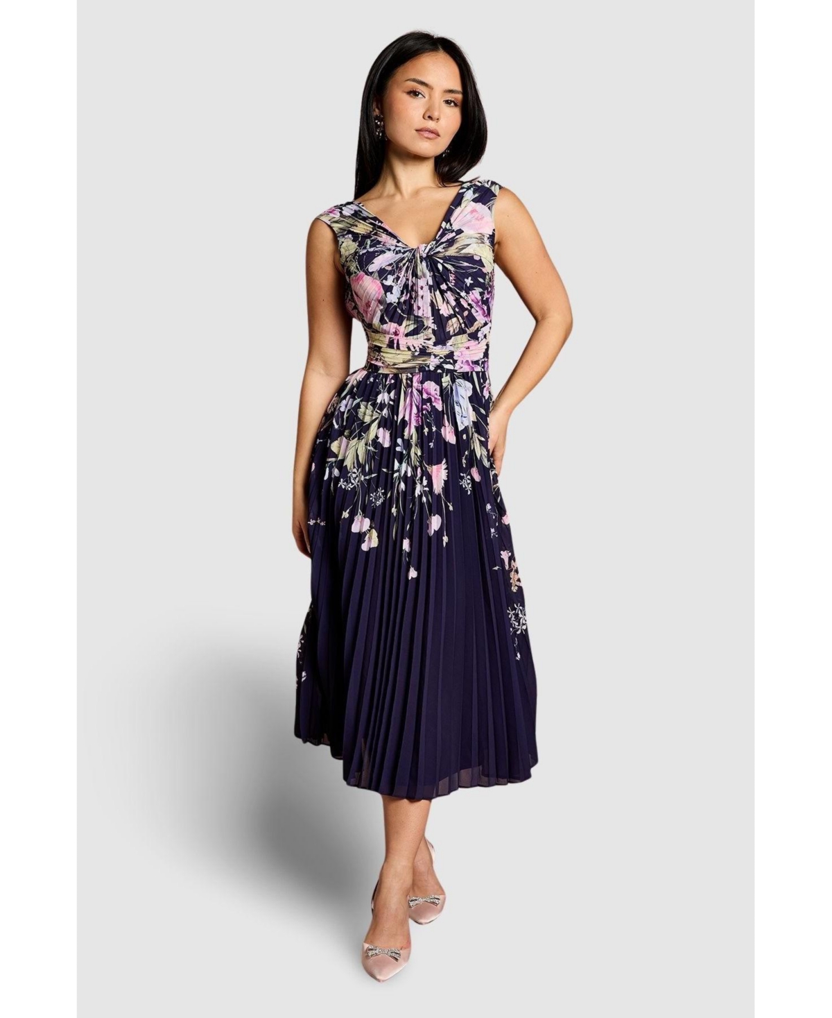 Click here for Coast Womens Twist Front Printed Midi Dress - Navy prices