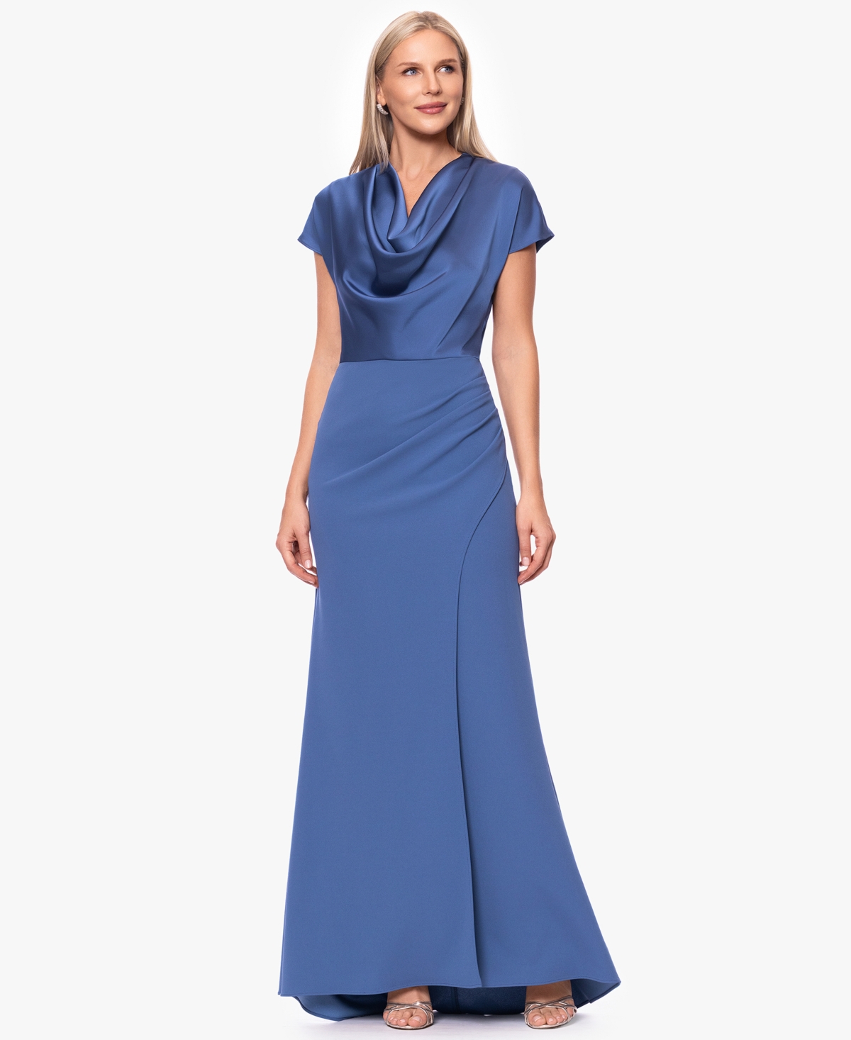 Click here for Betsy & Adam Petite Cowl Neck Long Ball Gown - Sla... prices