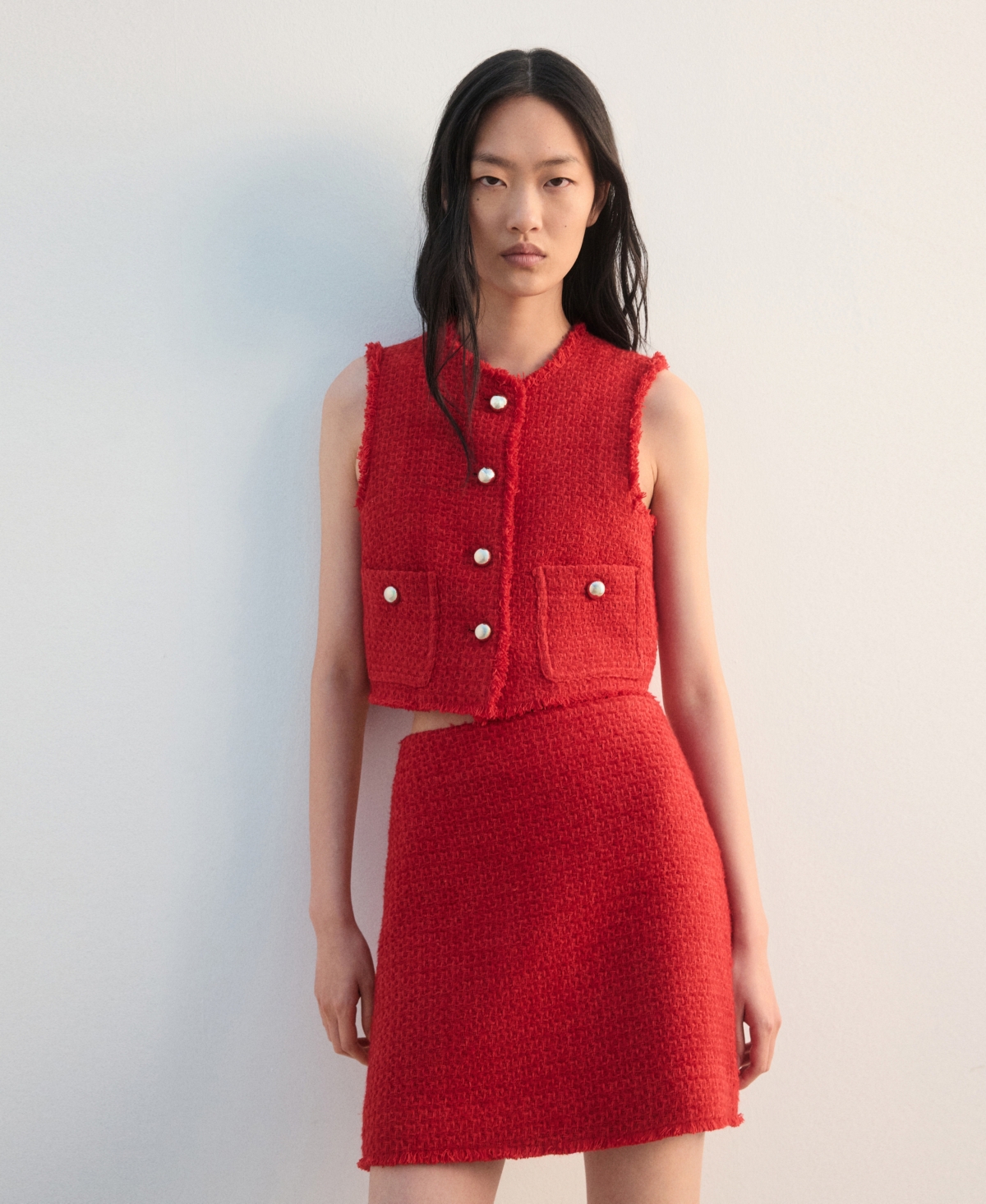 Click here for Mango Womens Buttons Tweed Vest - Red prices