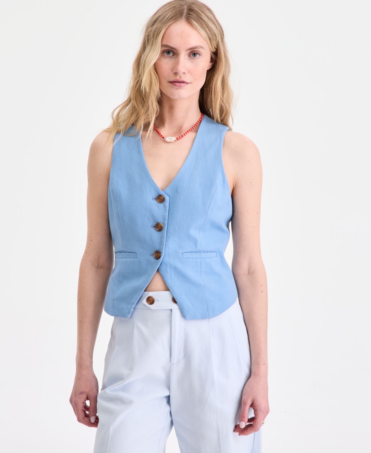 Click here for On 34th Womens Linen Blend V-Neck Button-Front Ves... prices