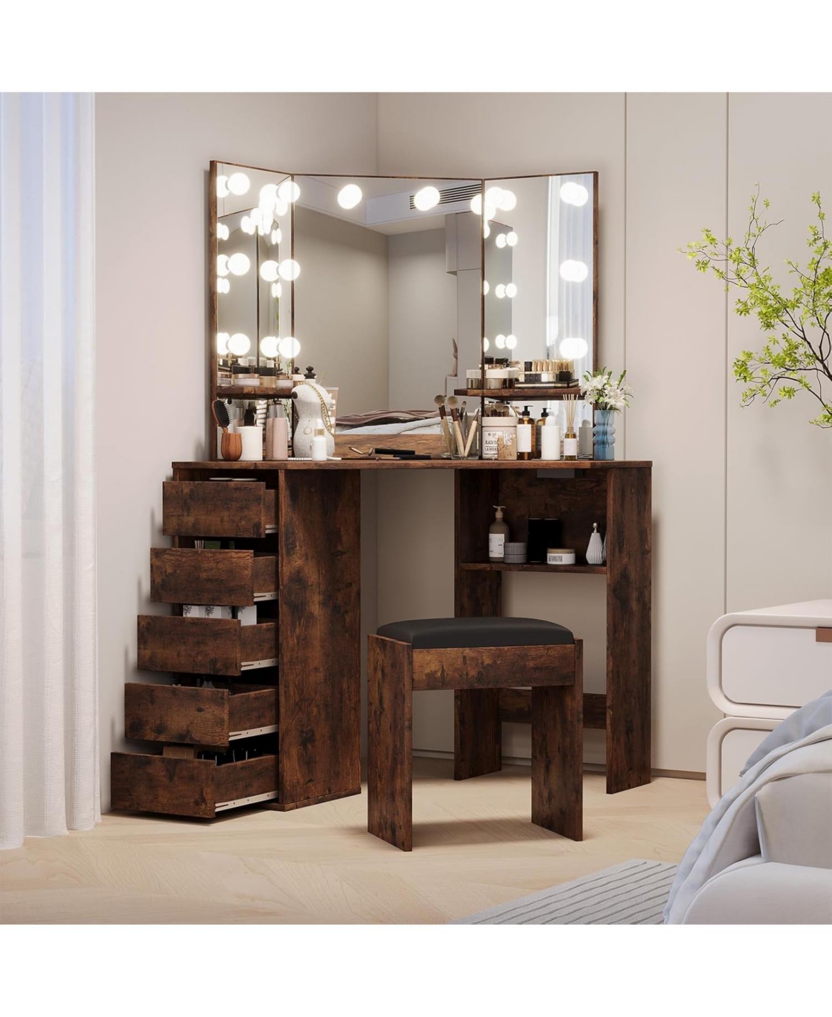 Click here for Gaomon corner vanity desk with mirror  lights  sto... prices