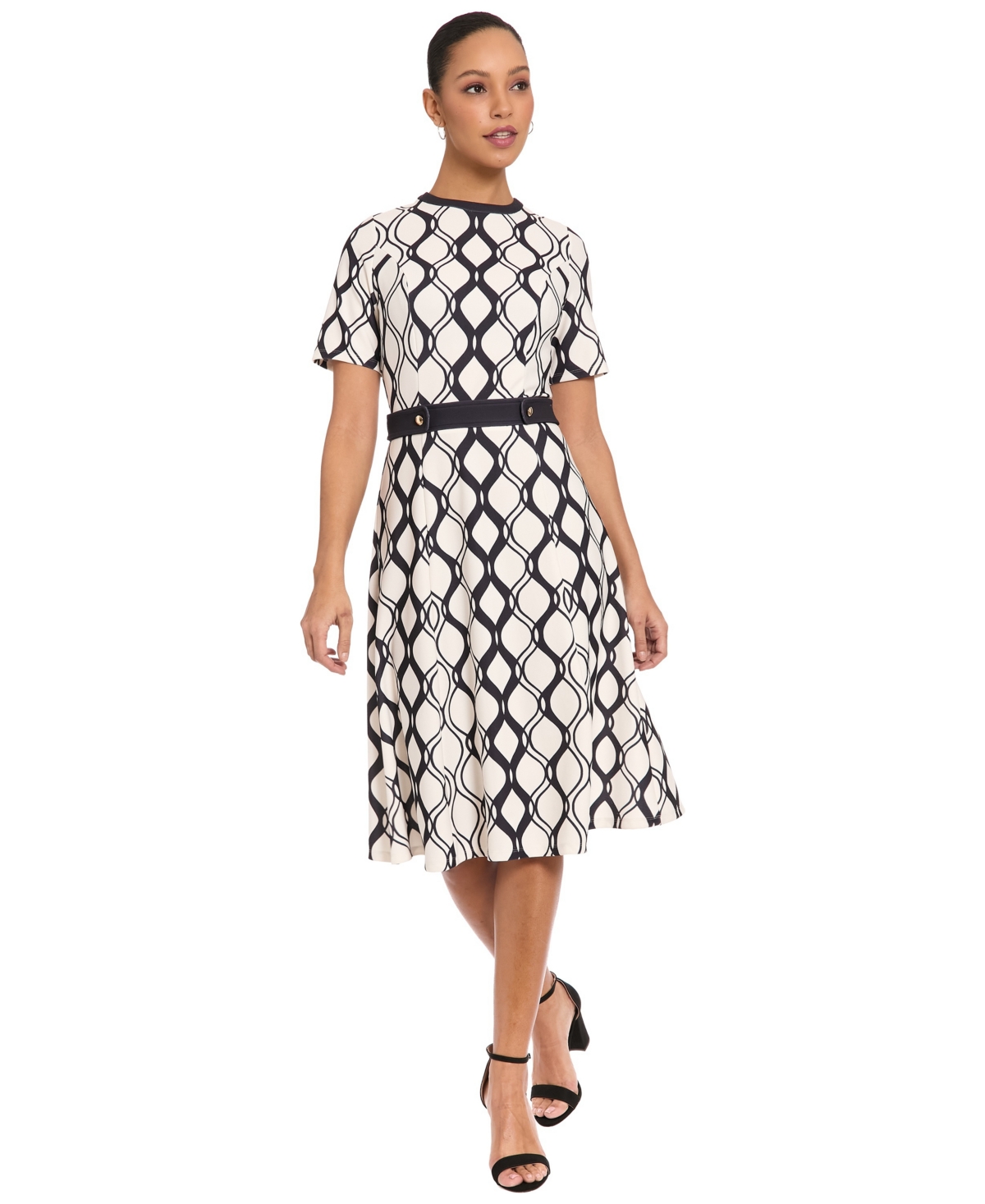 Click here for London Times Womens Geometric Print Belted Dress -... prices