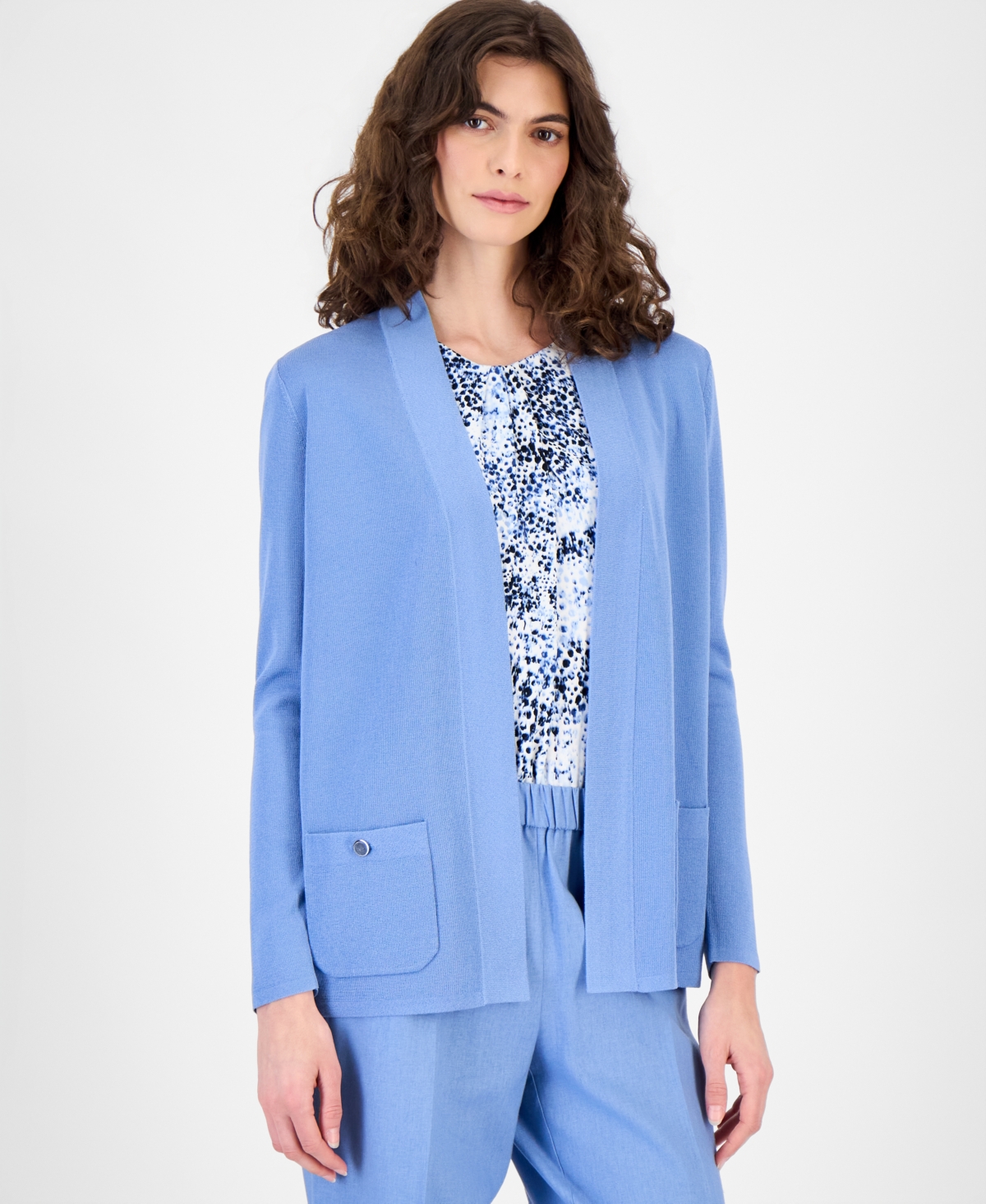 Anne Klein Womens Malibu Fine Rib Open-Front Cardigan - Lagoon
