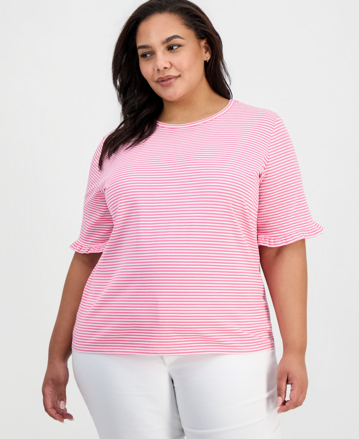 Click here for Jones New York Plus Size Striped Ruffle-Sleeve Tee... prices
