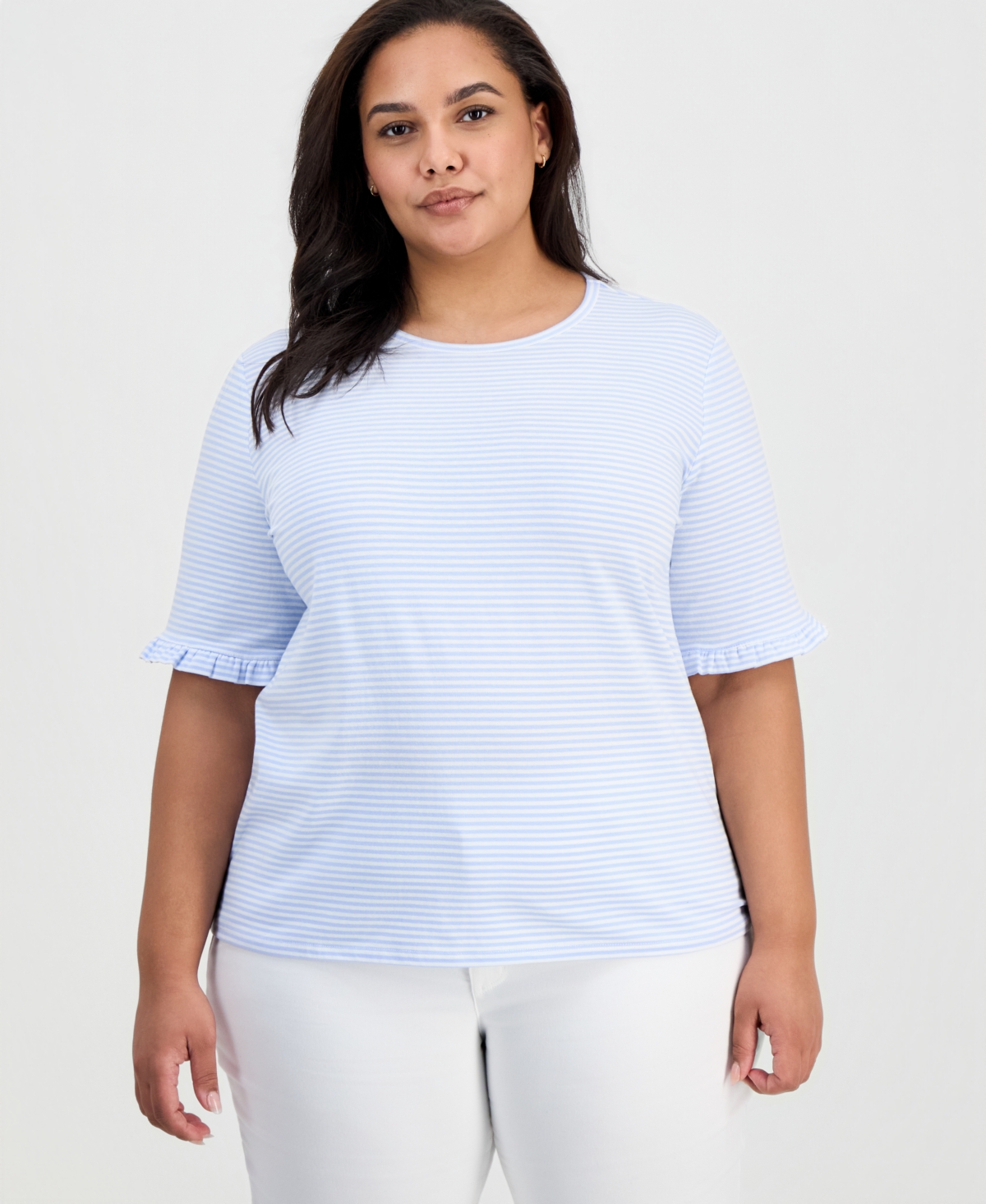 Click here for Jones New York Plus Size Striped Ruffle-Sleeve Tee... prices
