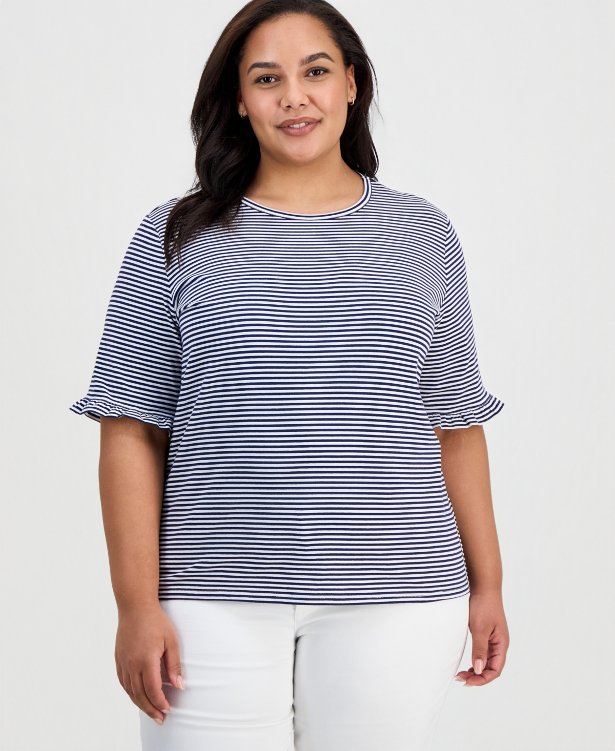 Click here for Jones New York Plus Size Striped Ruffle-Sleeve Tee... prices