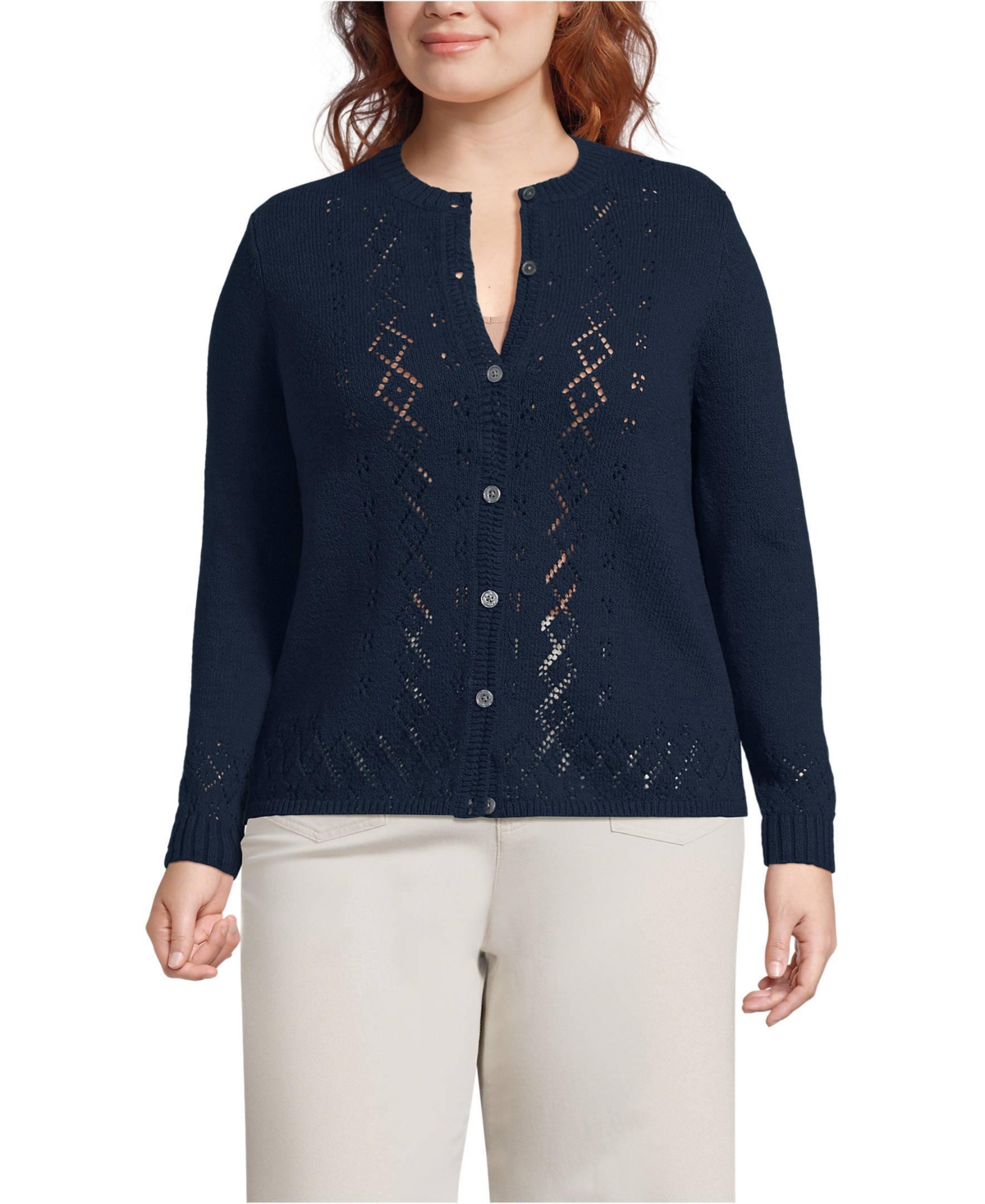 Click here for Lands End Plus Size Pointelle Crew Neck Cardigan S... prices